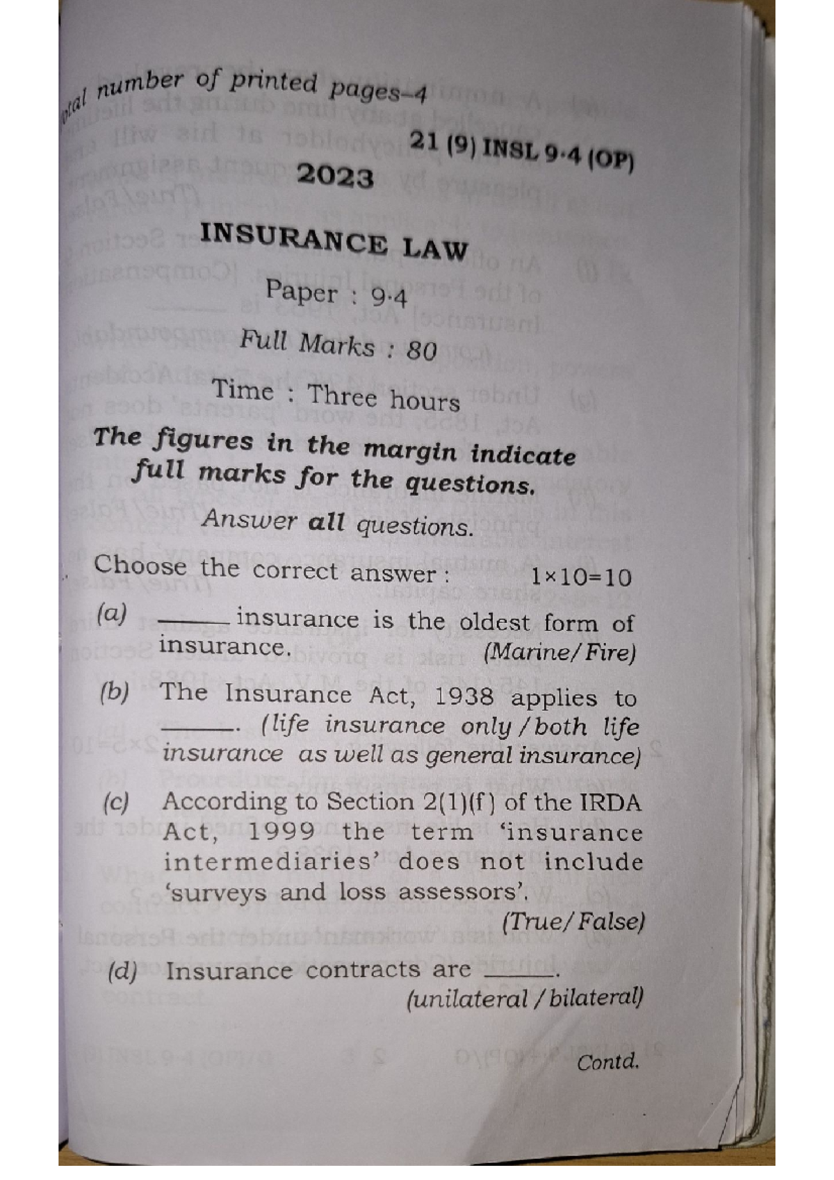 Insurance Law - Question Papers (9.4) - Full Marks: 80 - Studocu