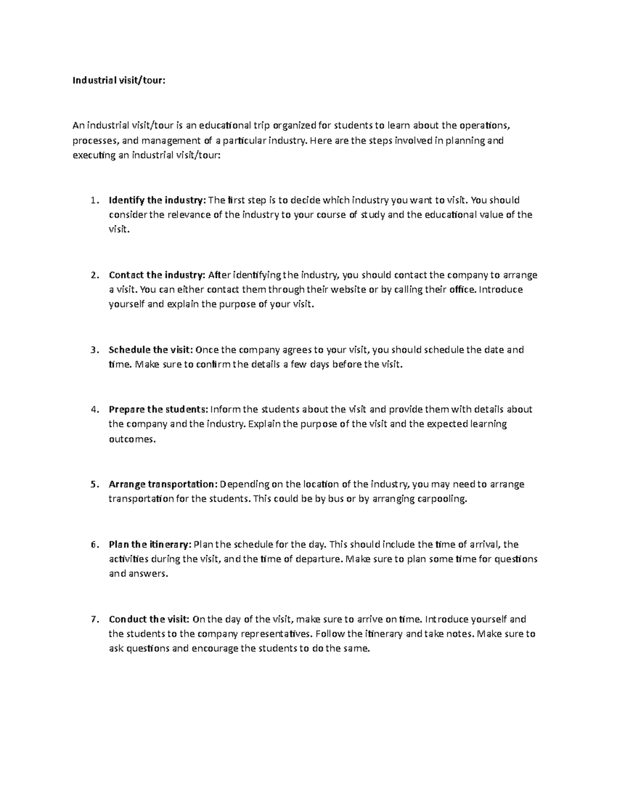 Planning an Effective Industrial Visit: Steps & Tips - Studocu