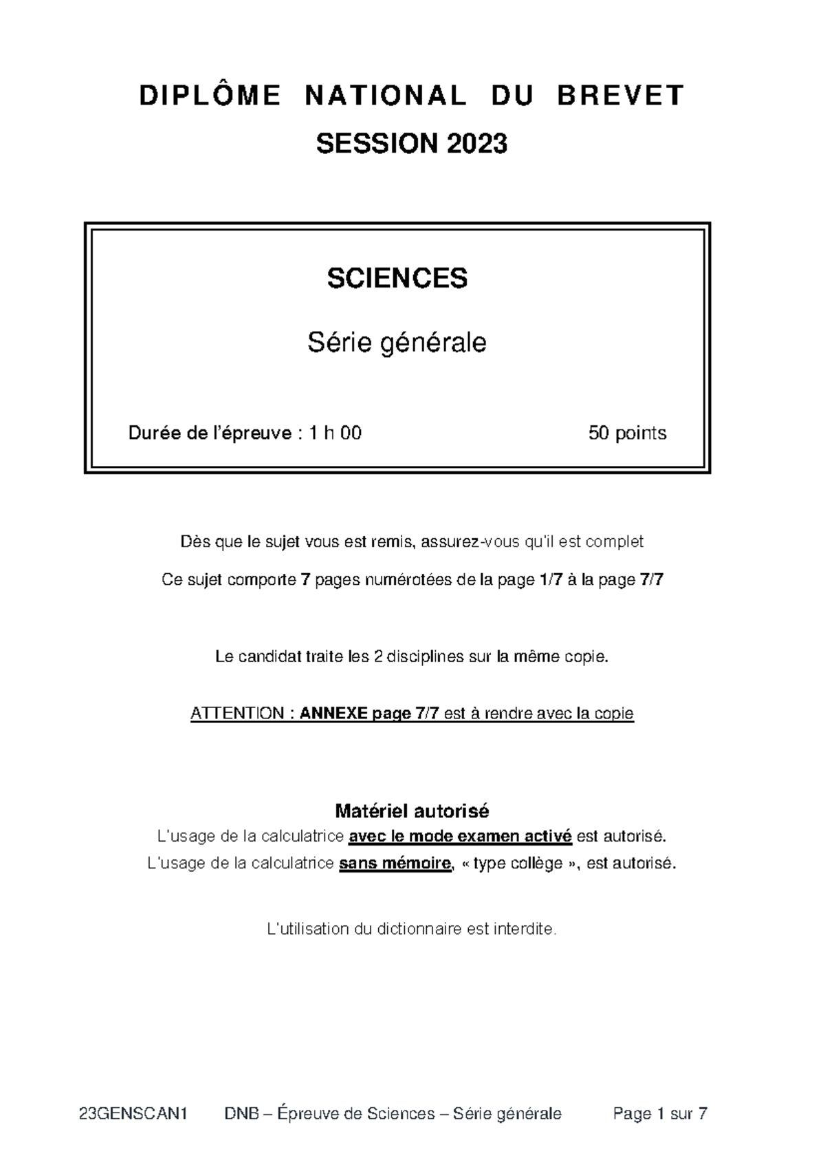 DNB 2023: Épreuve de Sciences - Série Générale (SVT) - Studocu