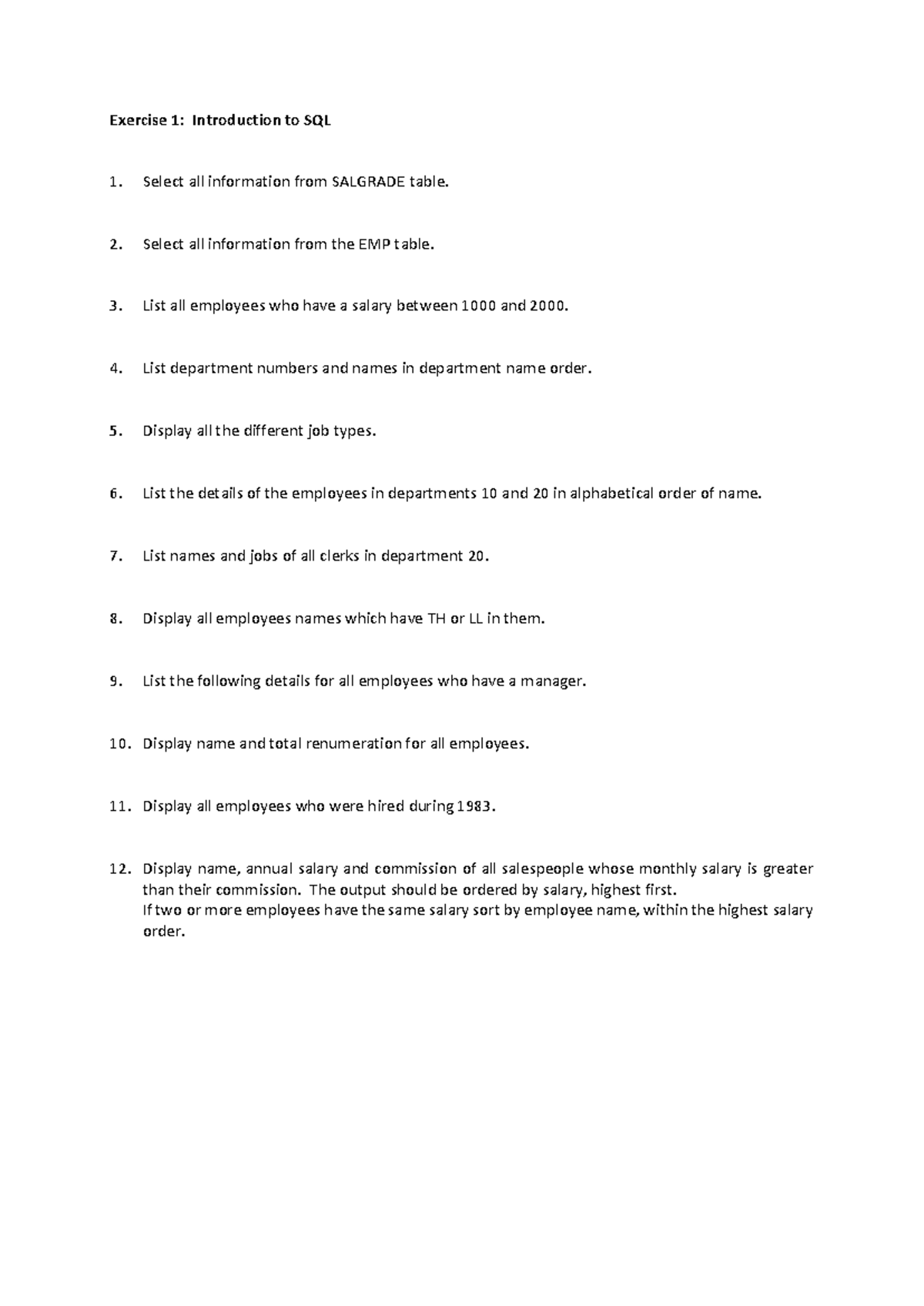 SQL Exercise 1: Queries on SALGRADE and EMP Tables - Studocu