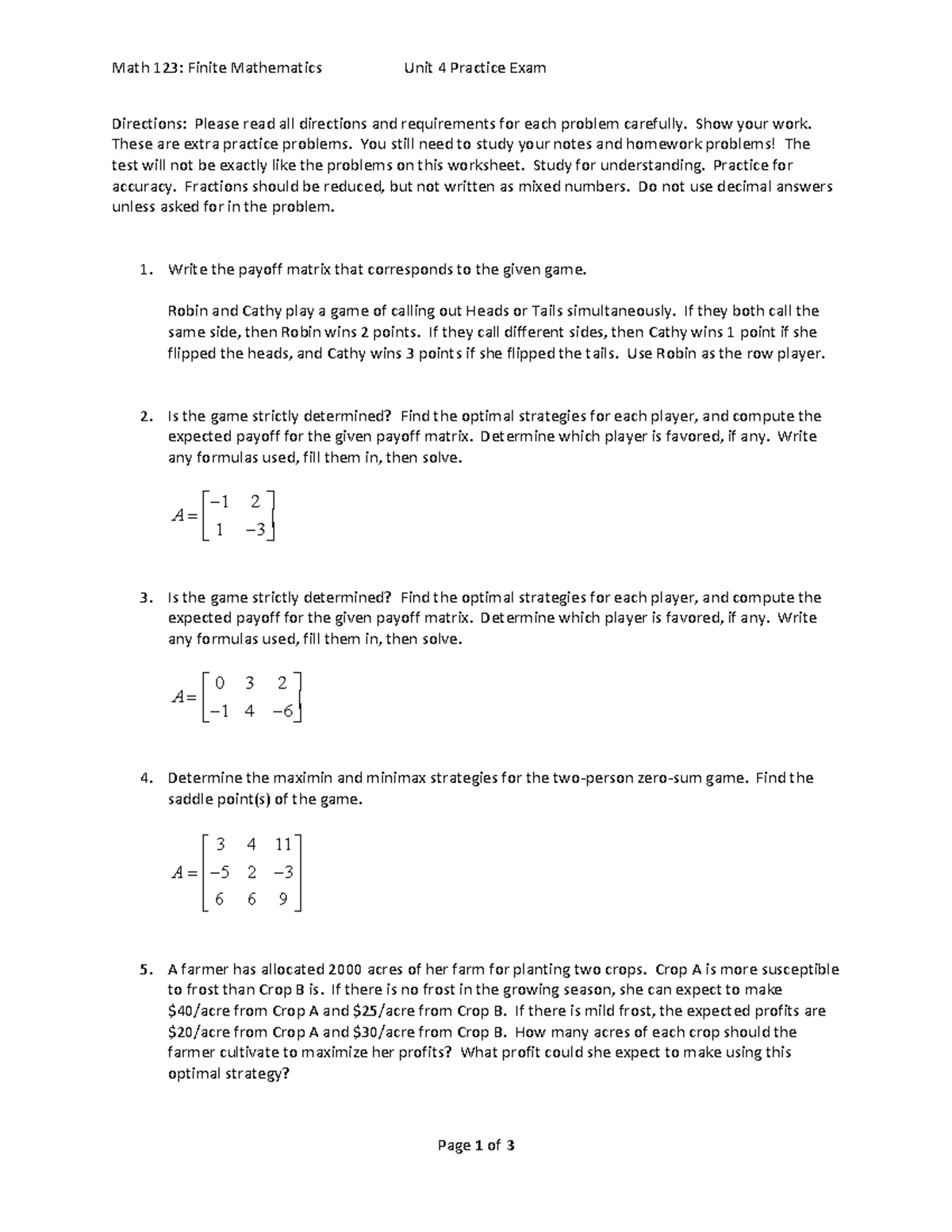 Math 123: Finite Mathematics Unit 4 Practice Exam & Key - Studocu