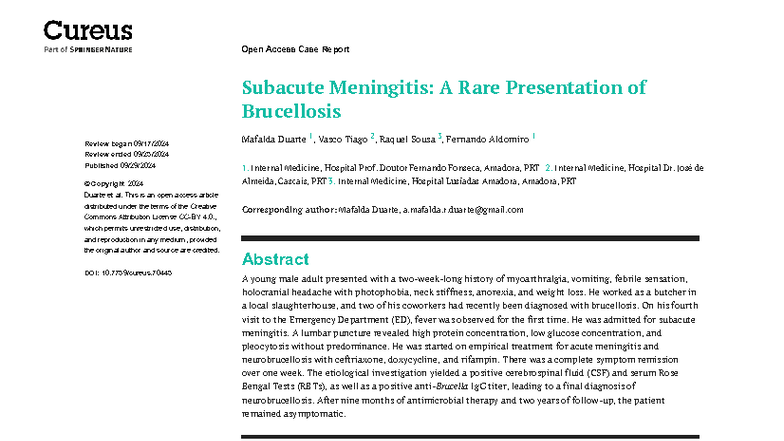 Subacute Meningitis: A Rare Case of Neurobrucellosis (CASO Clinico 3 ...
