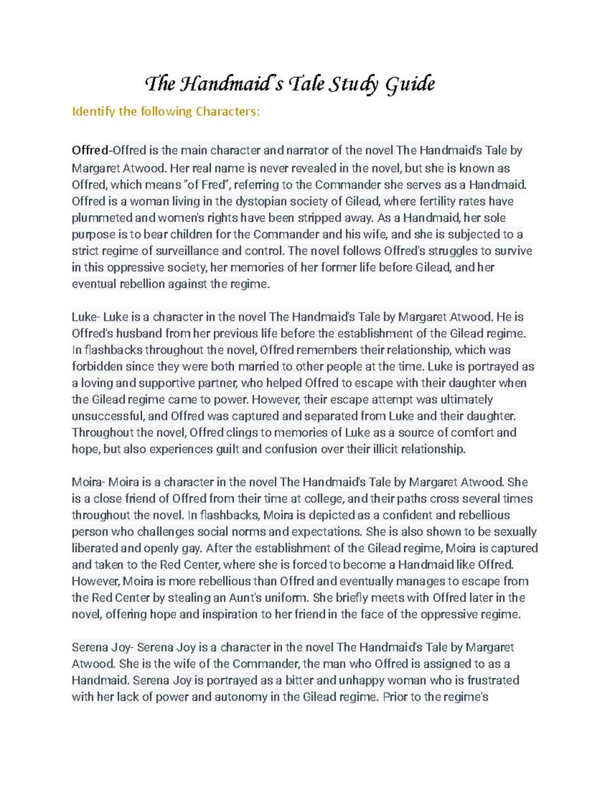 The Handmaid's Tale (ENG 101) Character Analysis Study Guide - Studocu