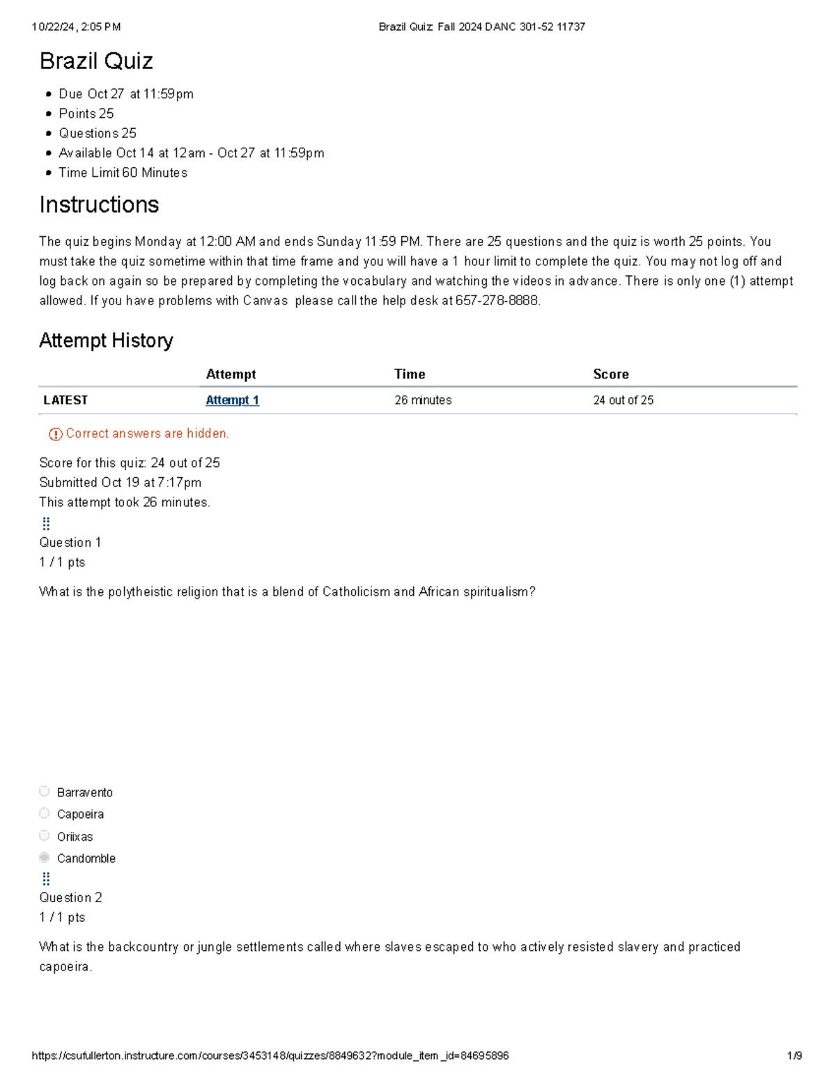 Brazil Quiz Fall 2024 DANC 301-52 11737 - Brazil Quiz Due Oct 27 at 11 ...