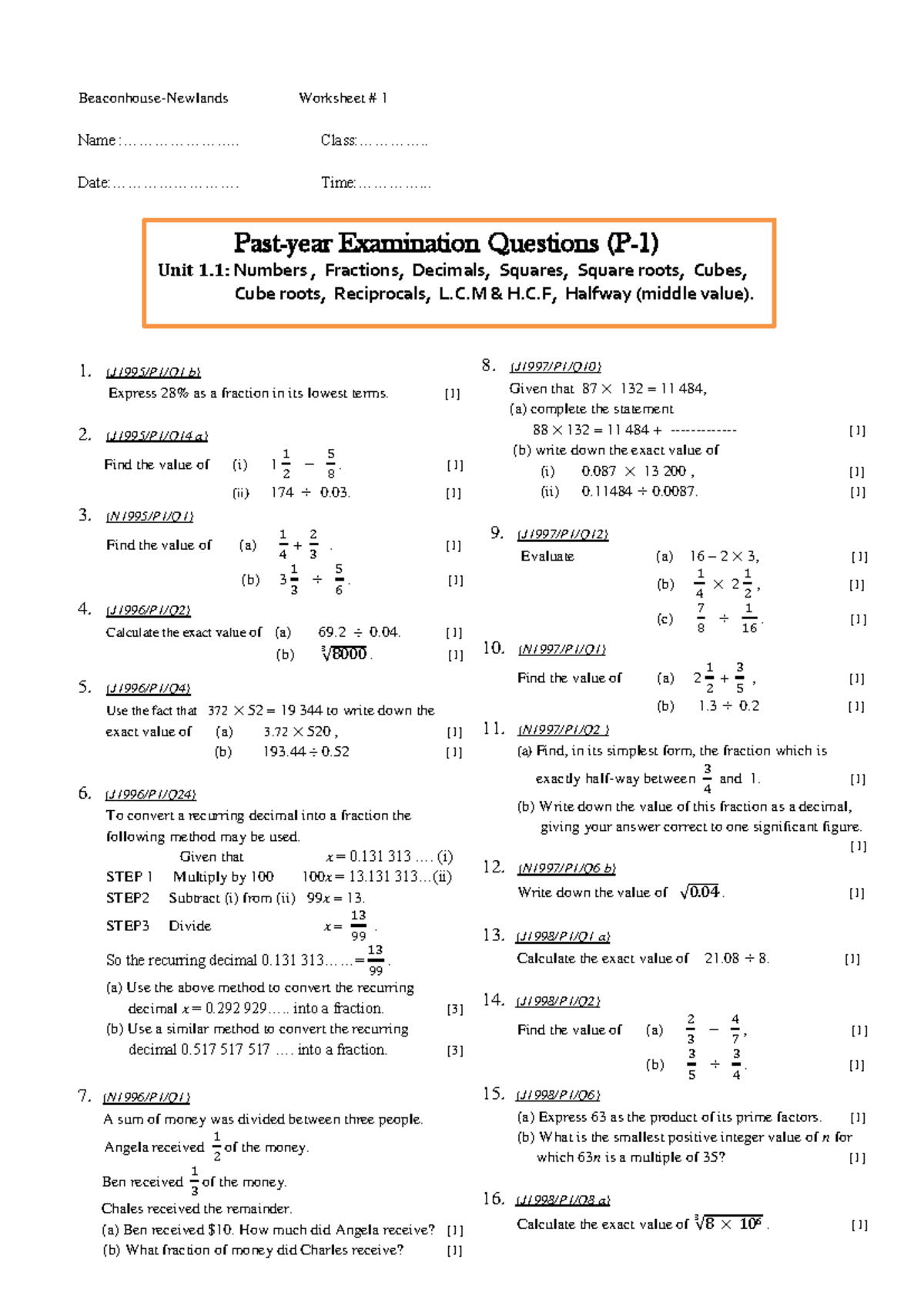 Worksheet #1: Numbers, Fractions, and Decimals Practice (Math 101 ...