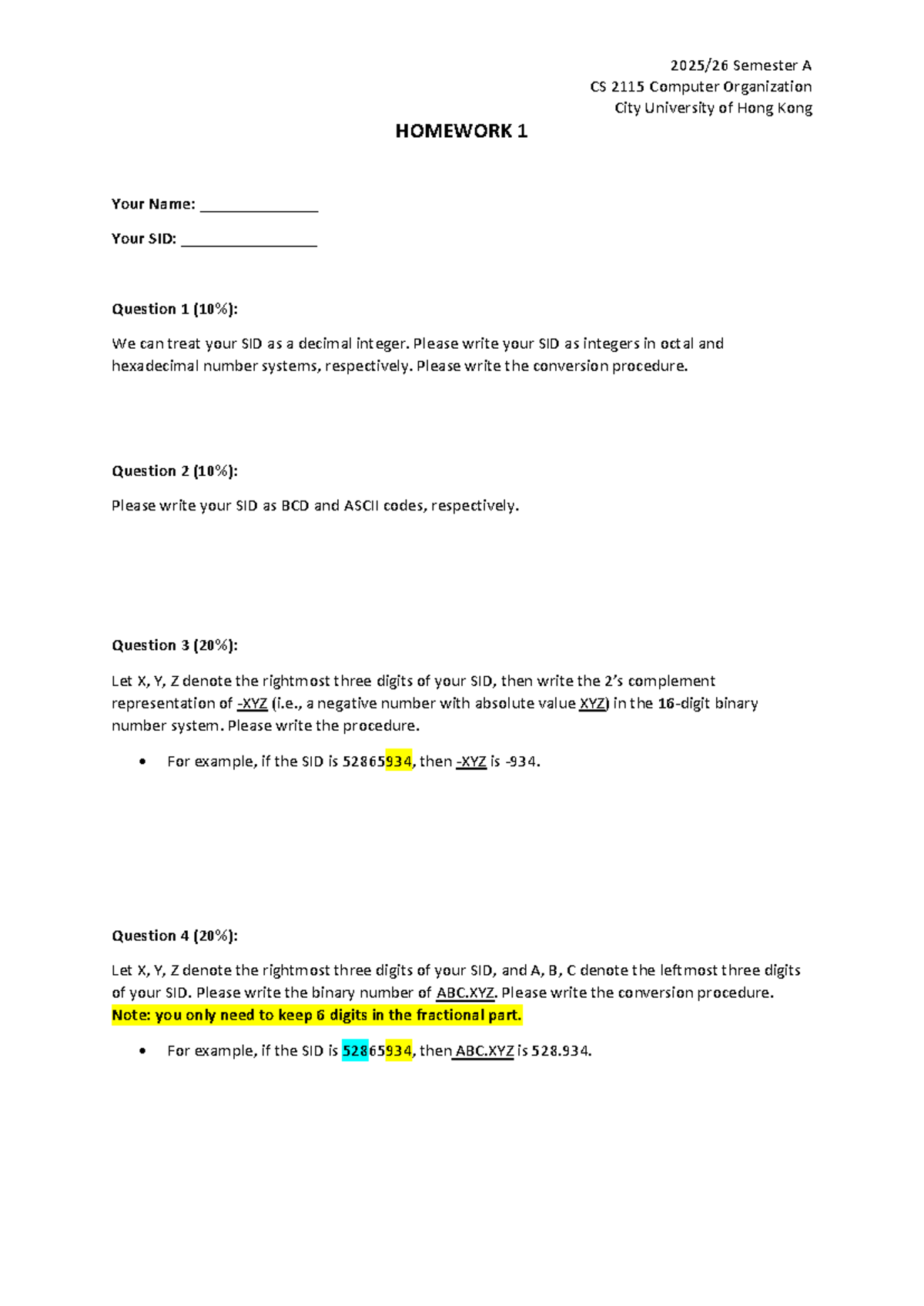 CS 2115 Homework 1: Number System Conversions and Procedures - Studocu