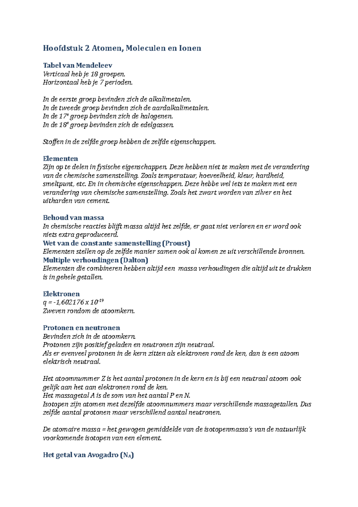 Chemie H2 - Atomen, moleculen, Ionen - Hoofdstuk 2 Atomen, Moleculen en ...
