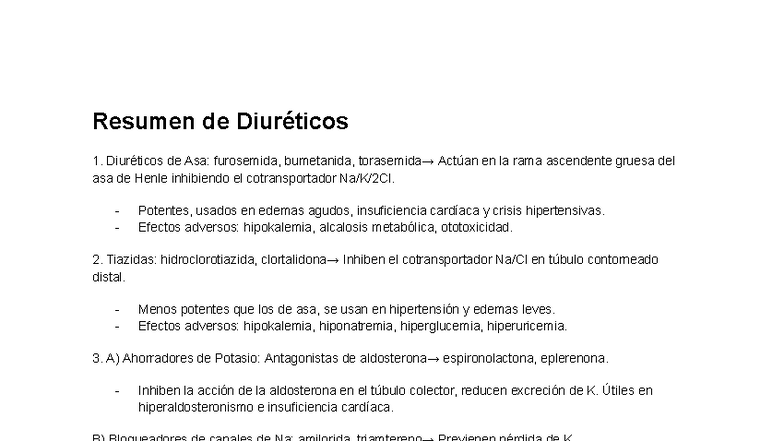 Resumen de Diuréticos: Efectos y Usos - Era 2 - Studocu