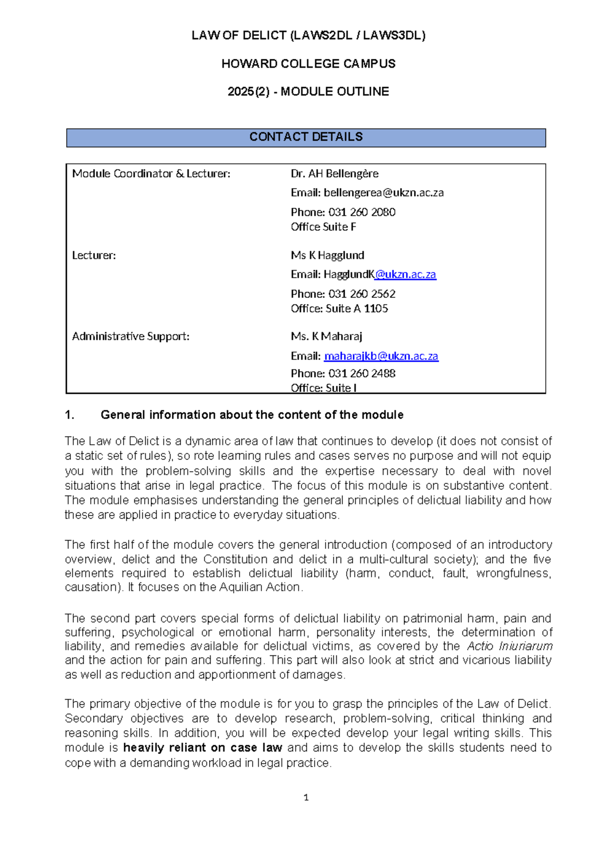 LAW OF DELICT (LAWS2DL LAWS3DL) MODULE OUTLINE 2025 - Studocu