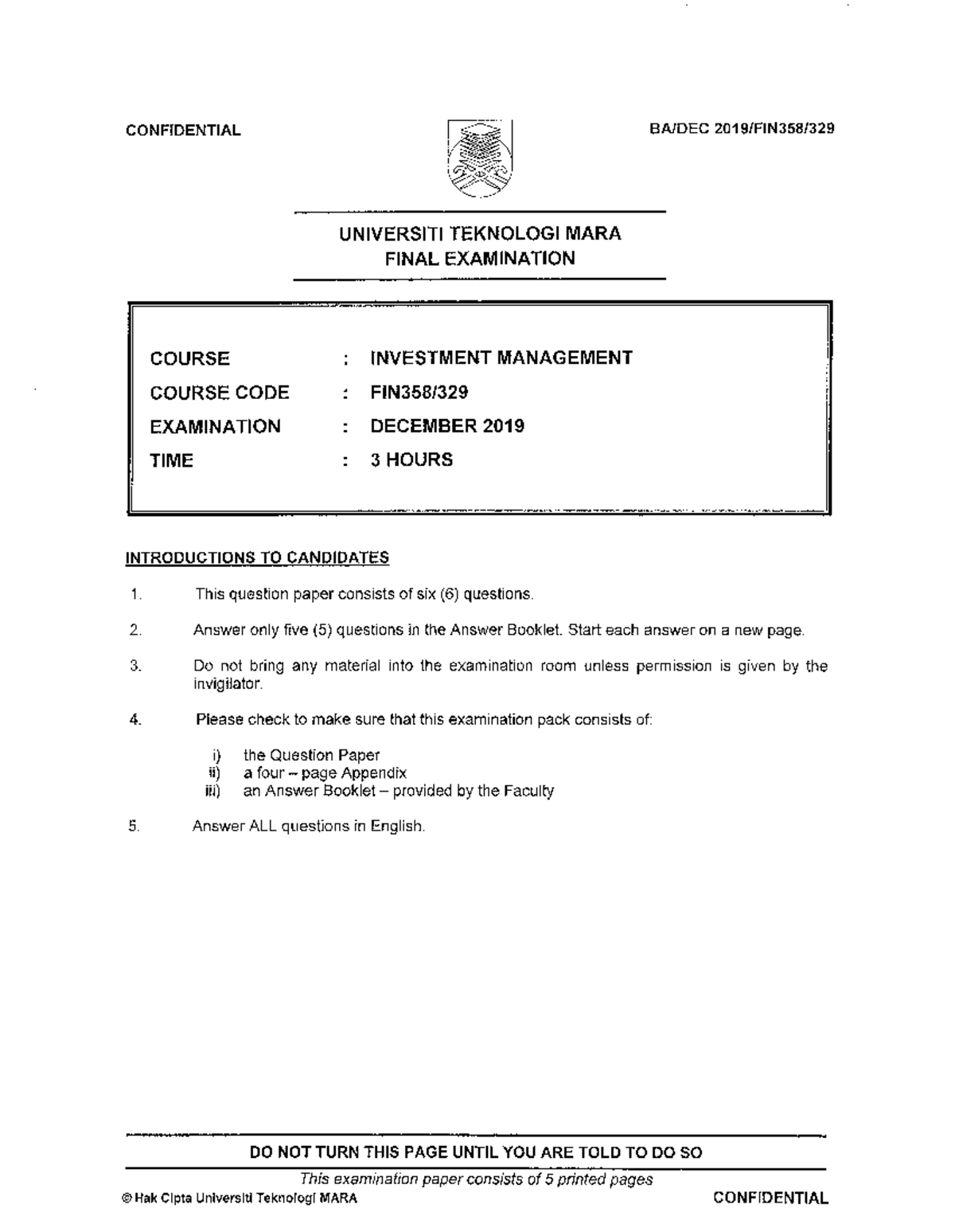 FIN358 329 STUDY EXERCISE