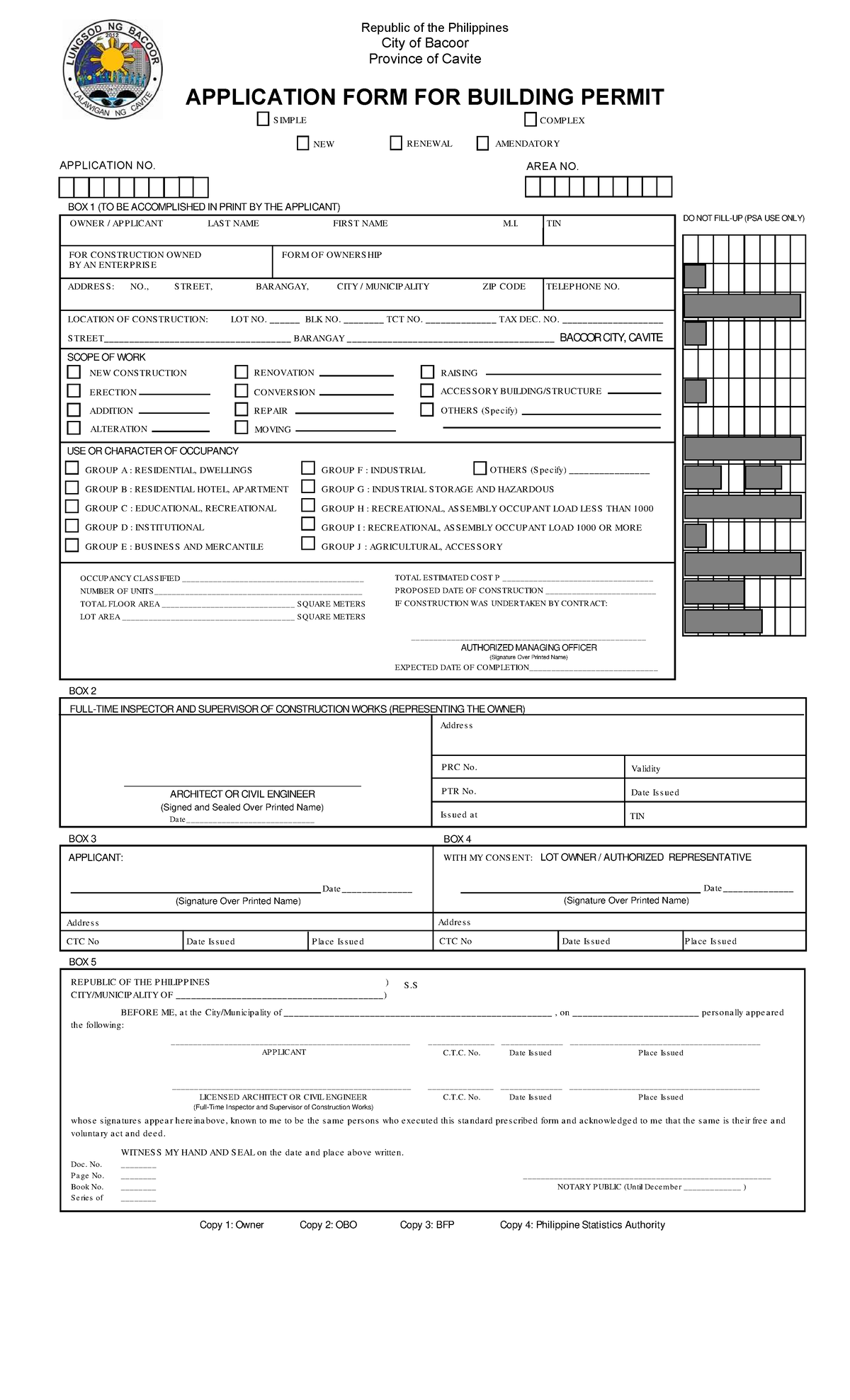 Bacoor City Building Permit Application Form (FSEC Revised) - Studocu