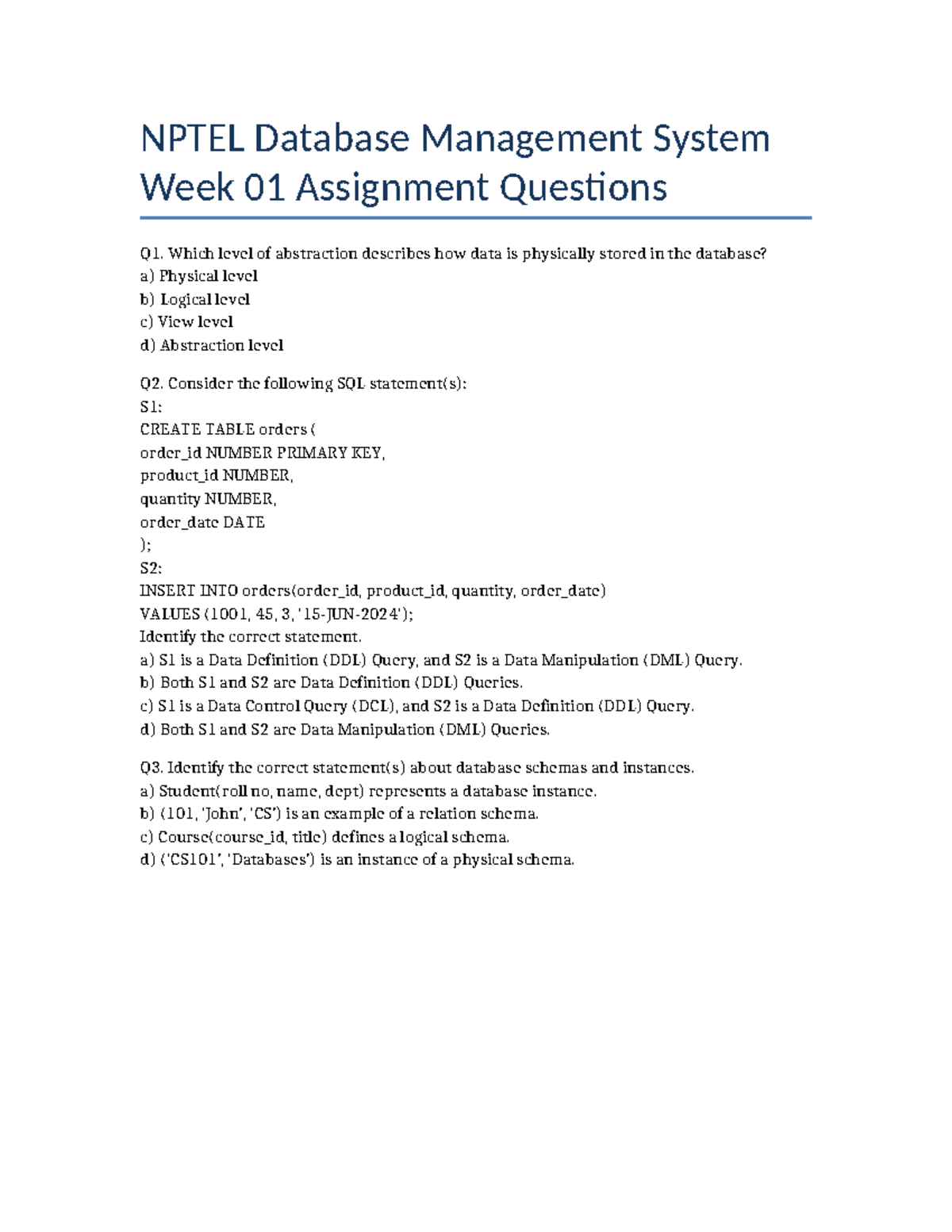 NPTEL DBMS Week 01 Assignment Questions and Answers - Studocu