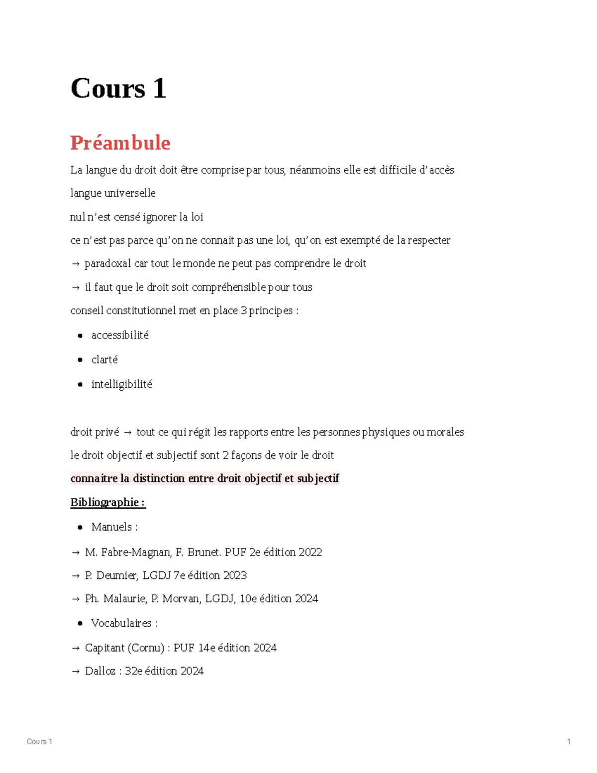Cours Notion complet - Cours 1 Préambule La langue du droit doit être ...