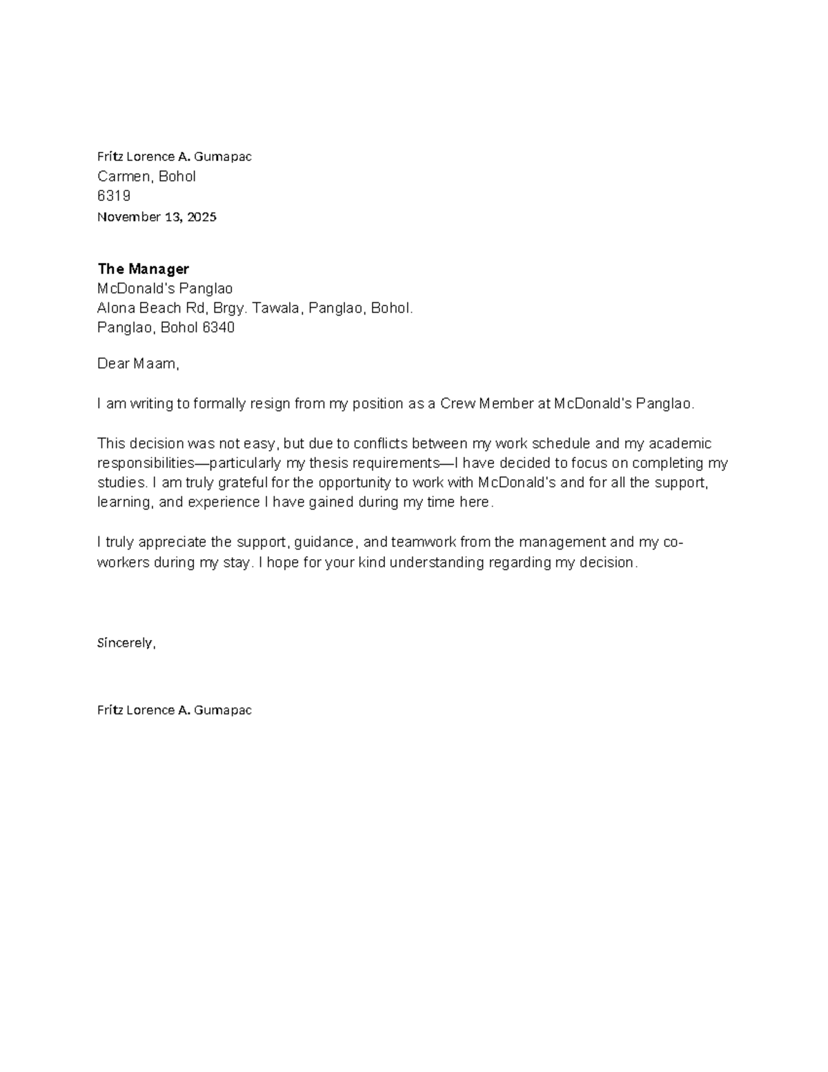 Mcdo Resignation Letter - Fritz Lorence A. Gumapac - Studocu