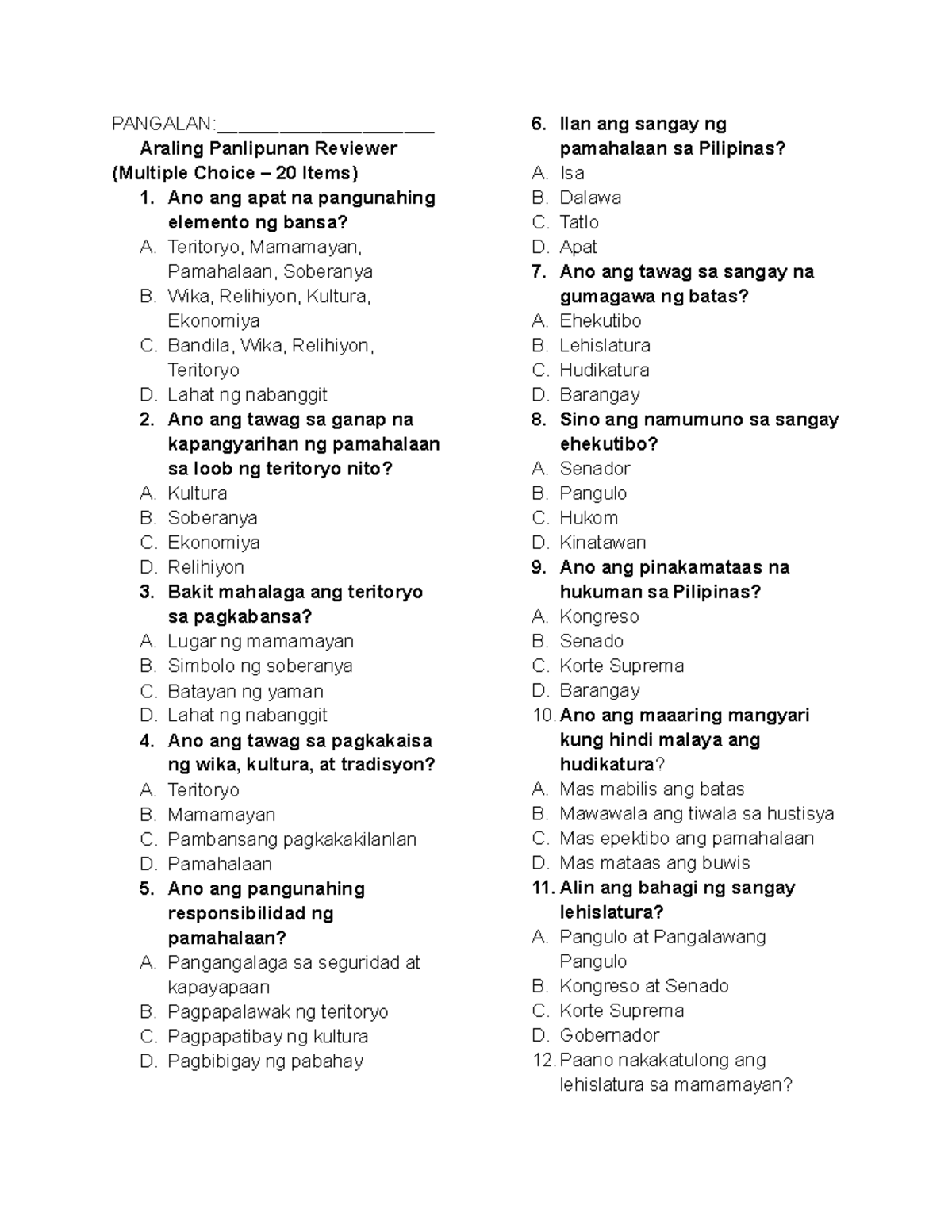 Araling Panlipunan Reviewer (Multiple Choice Questions) - Studocu