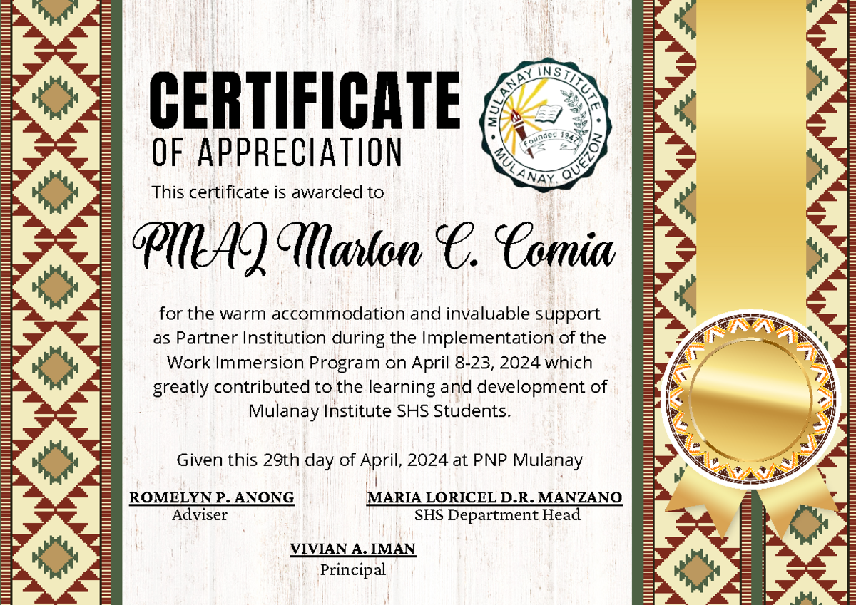 WORK IMMERSION PROGRAM CERTIFICATE OF APPRECIATION - Studocu