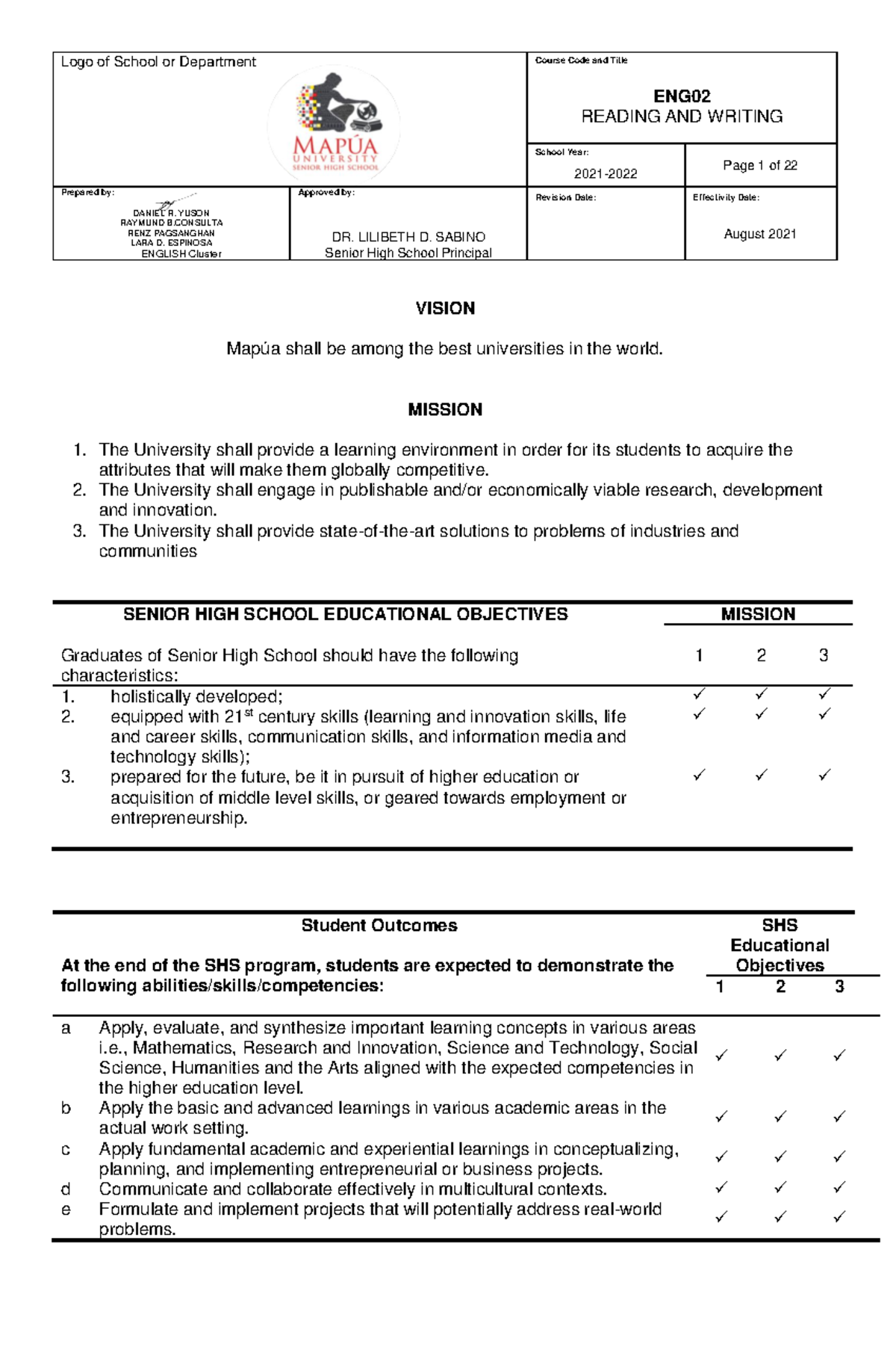 ENG02 (Reading and Writing) Syllabus - ENG READING AND WRITING School ...