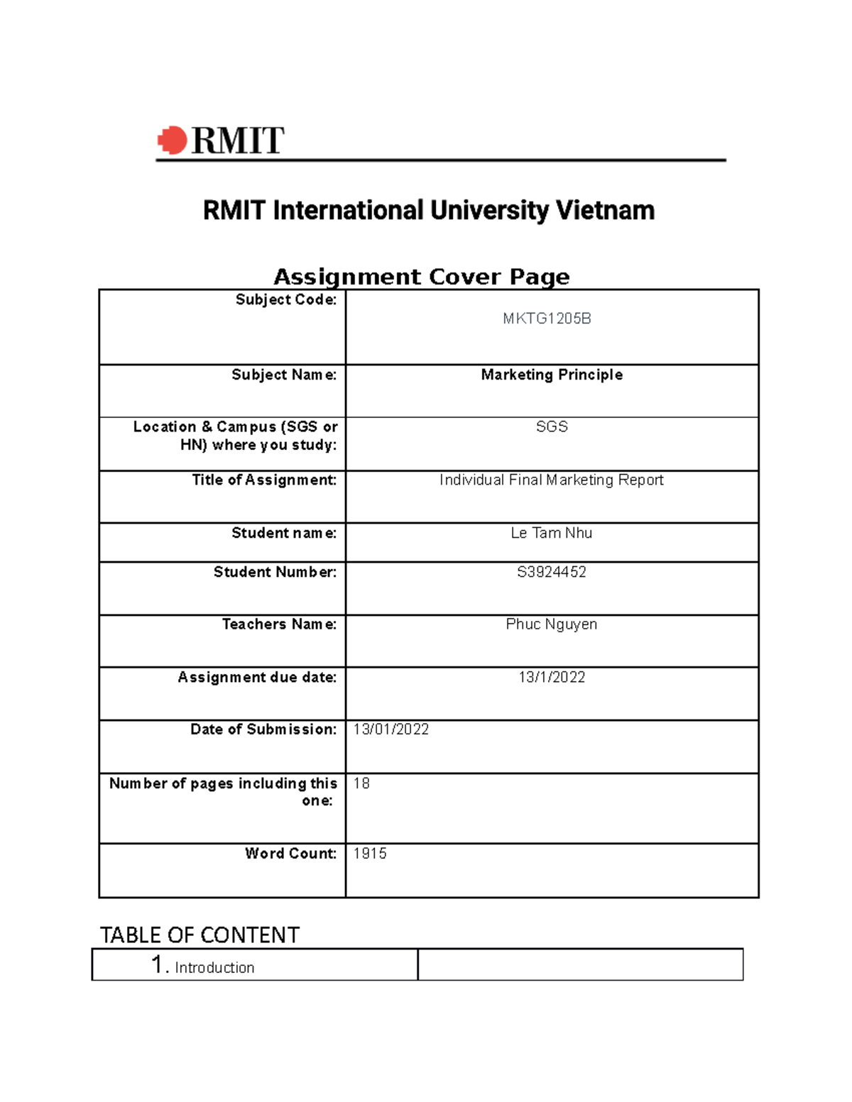 RMIT International University Vietnam - Assignment Cover Page Subject ...