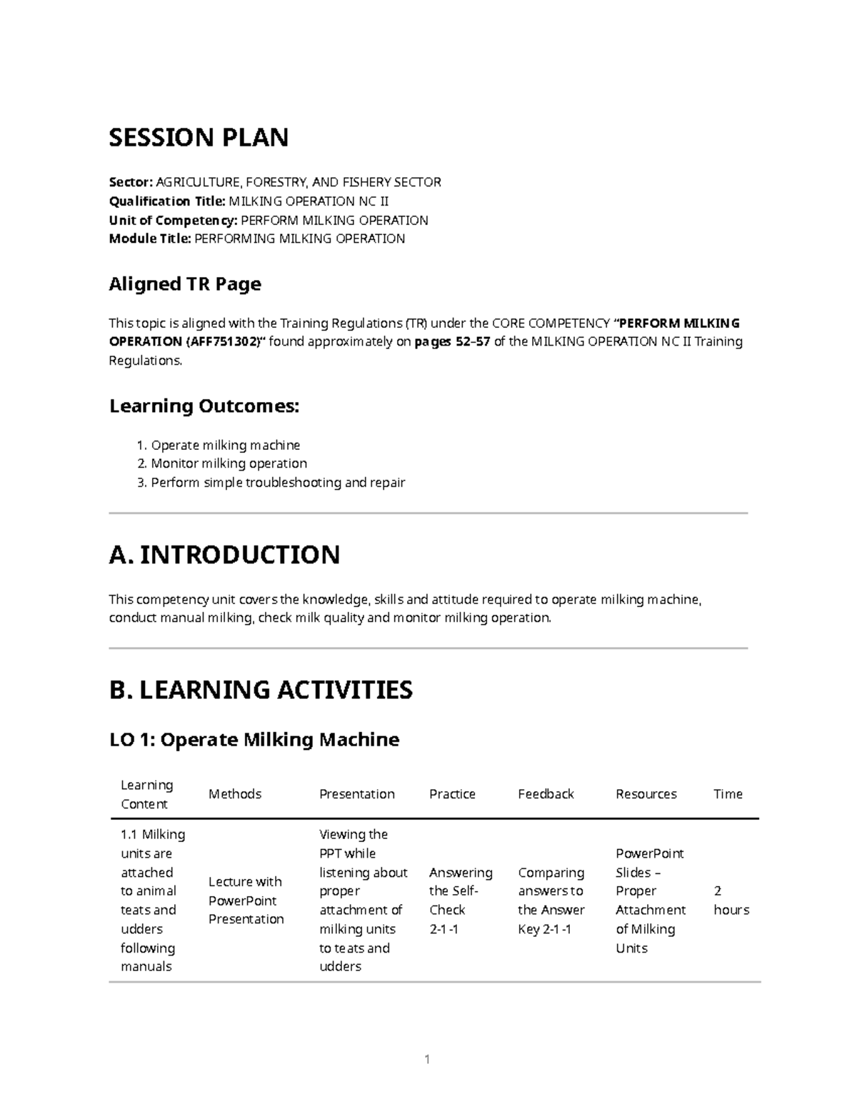 Milking Operation NC II Session Plan: Competency & Learning Activities ...