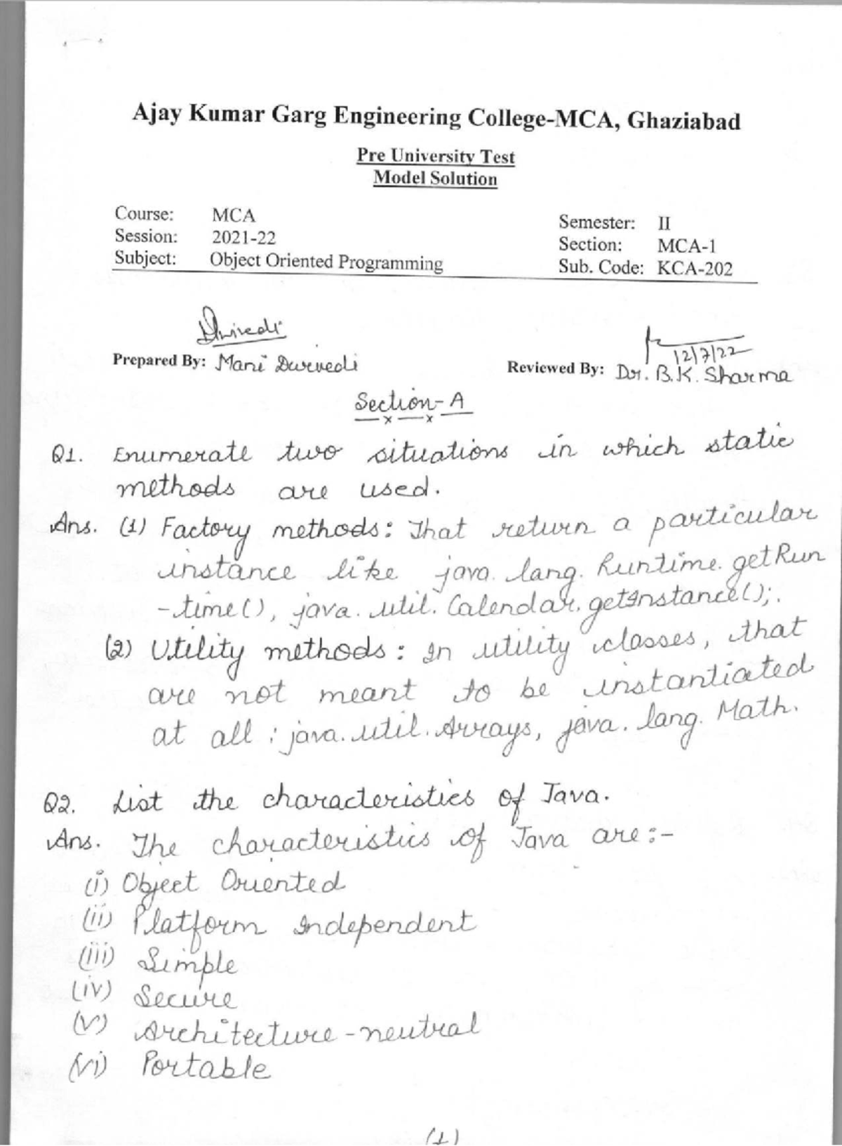 Object Oriented Programming MCA Sem II Model Solutions - Studocu