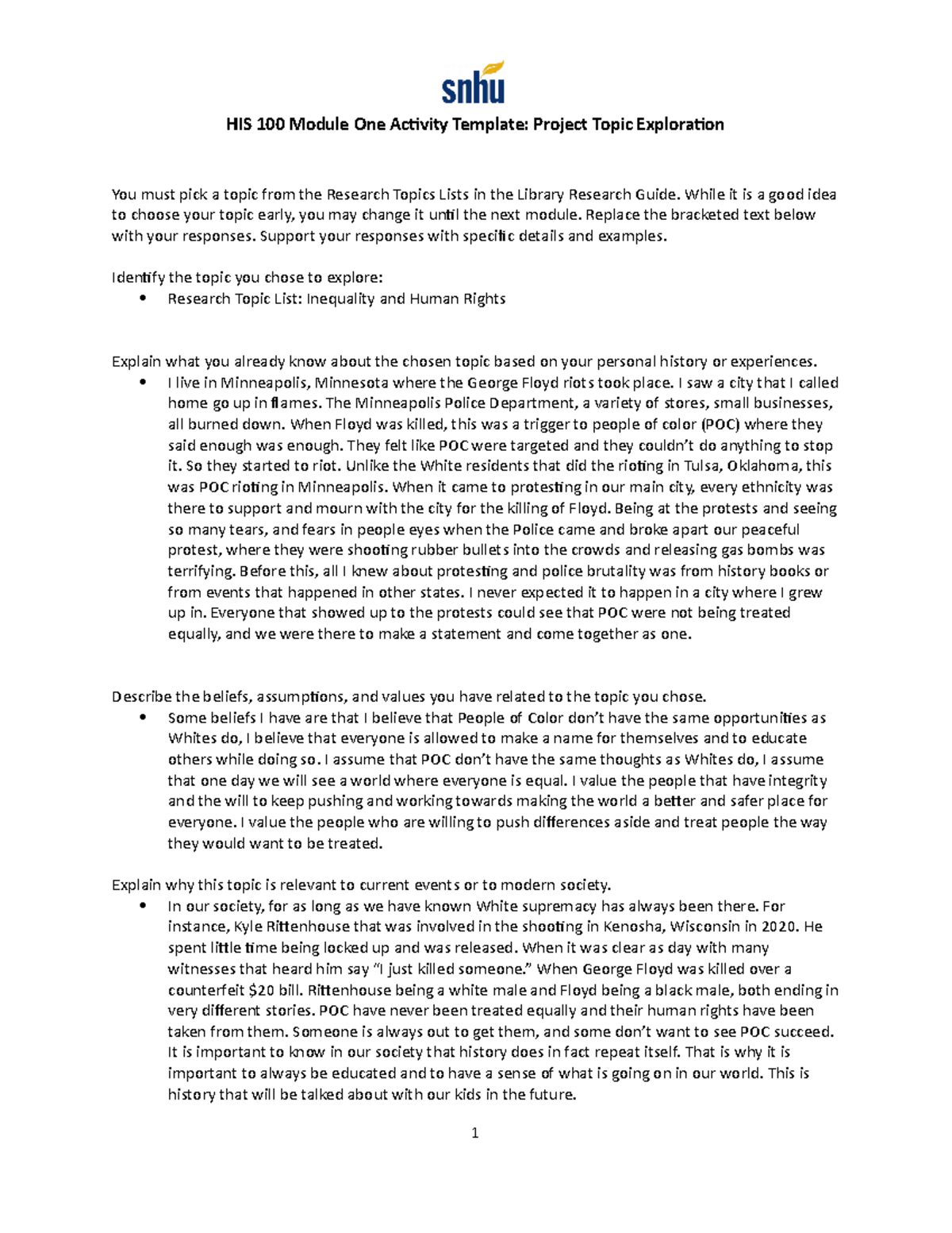 HIS 100 Module 1 - HIS 100 Module One Activity Template: Project Topic ...