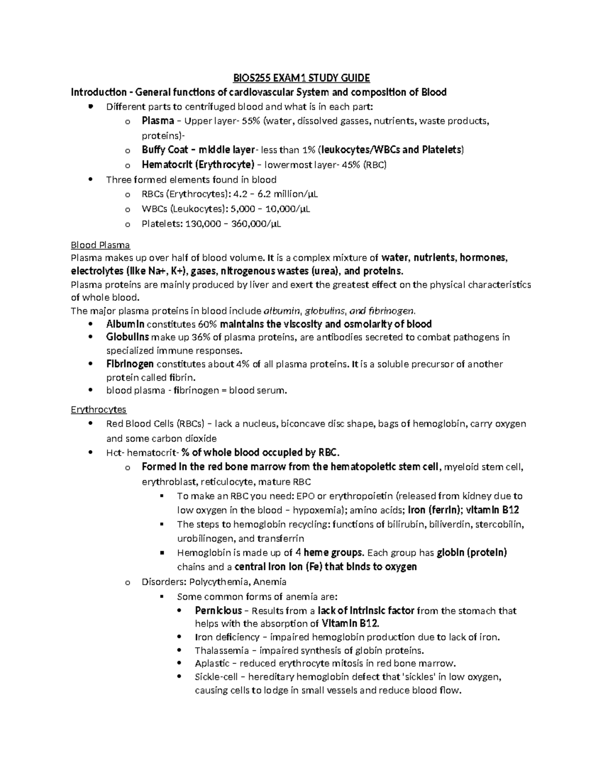 BIOS255 Exam 1 Study Guide: Cardiovascular System & Blood Composition ...