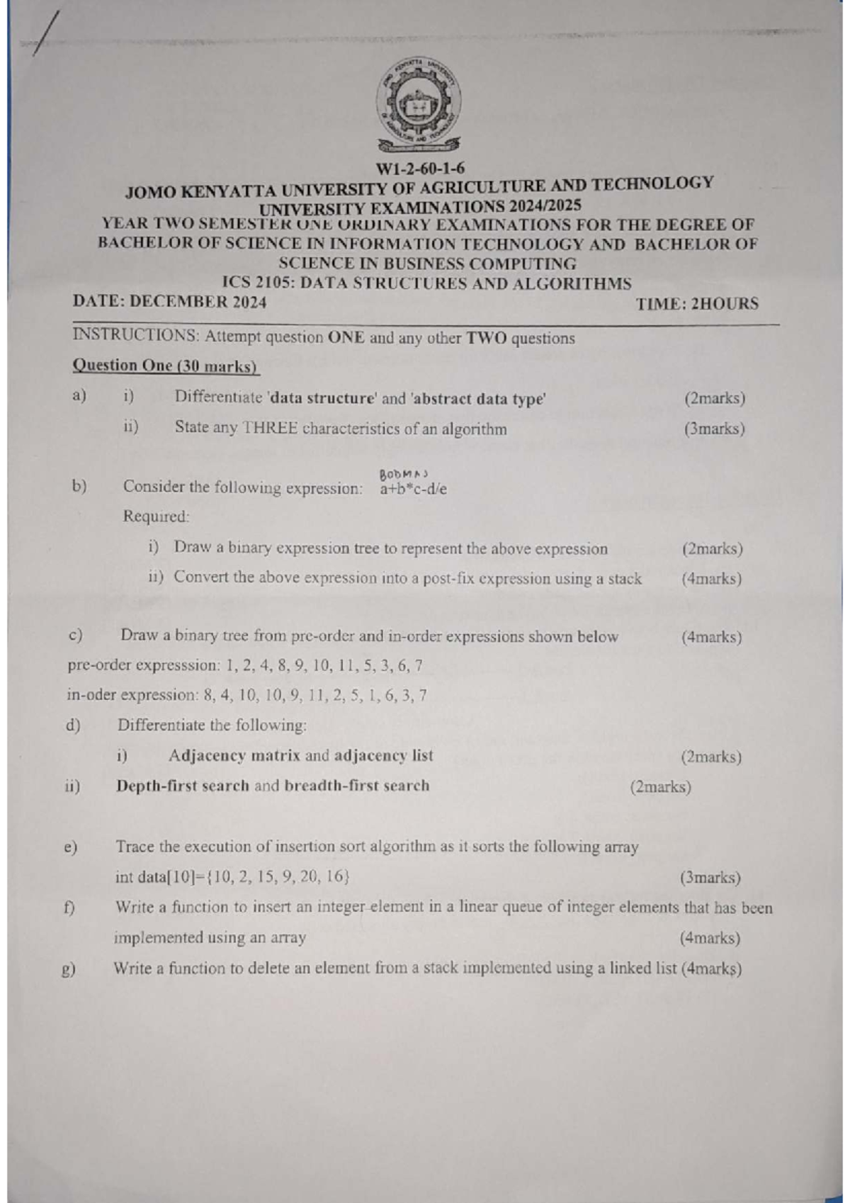 ICS 2105: Data Structures and Algorithms Exam Notes - Studocu