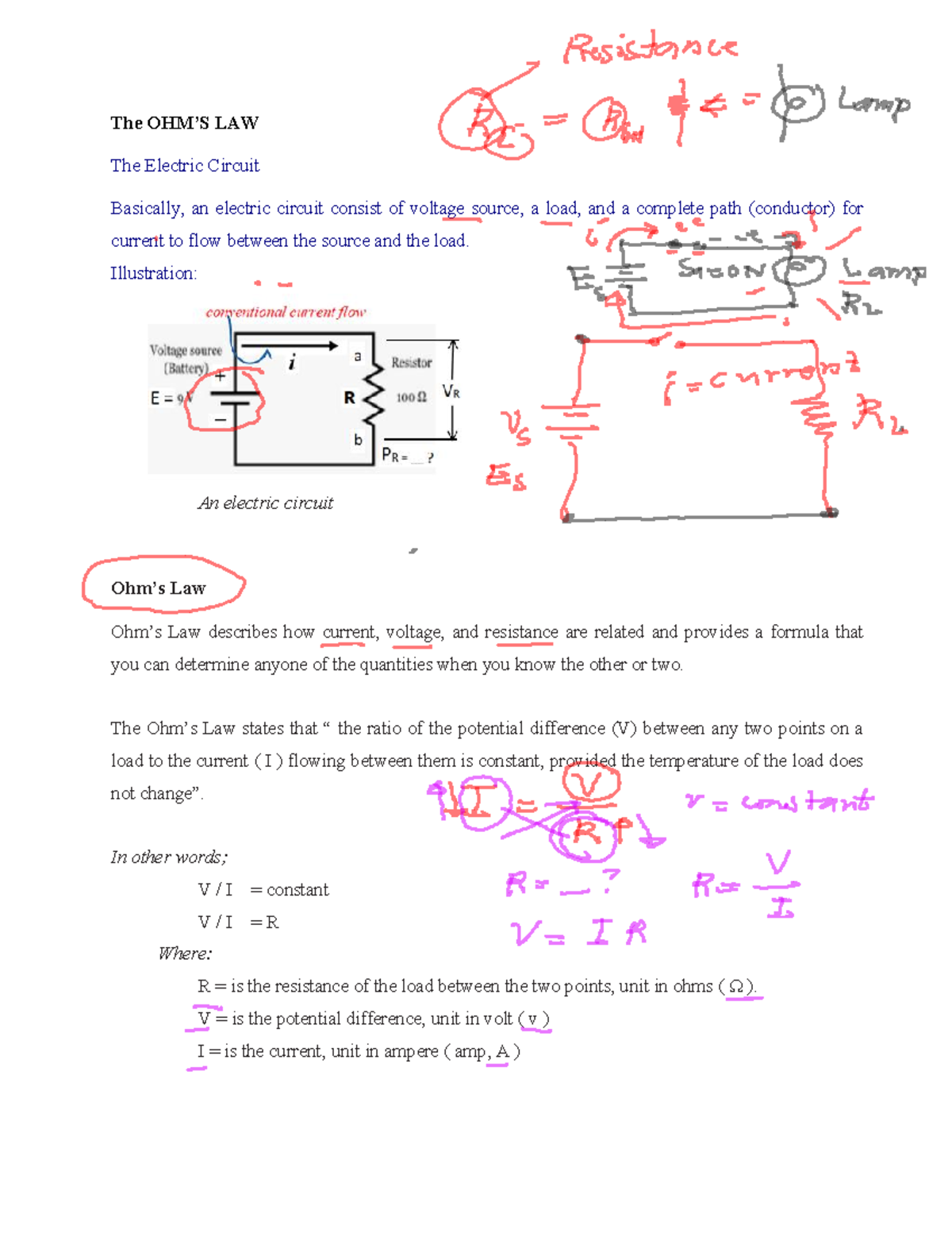 Ohms Law - LECTURE - The OHM’S LAW The Electric Circuit Basically, an ...