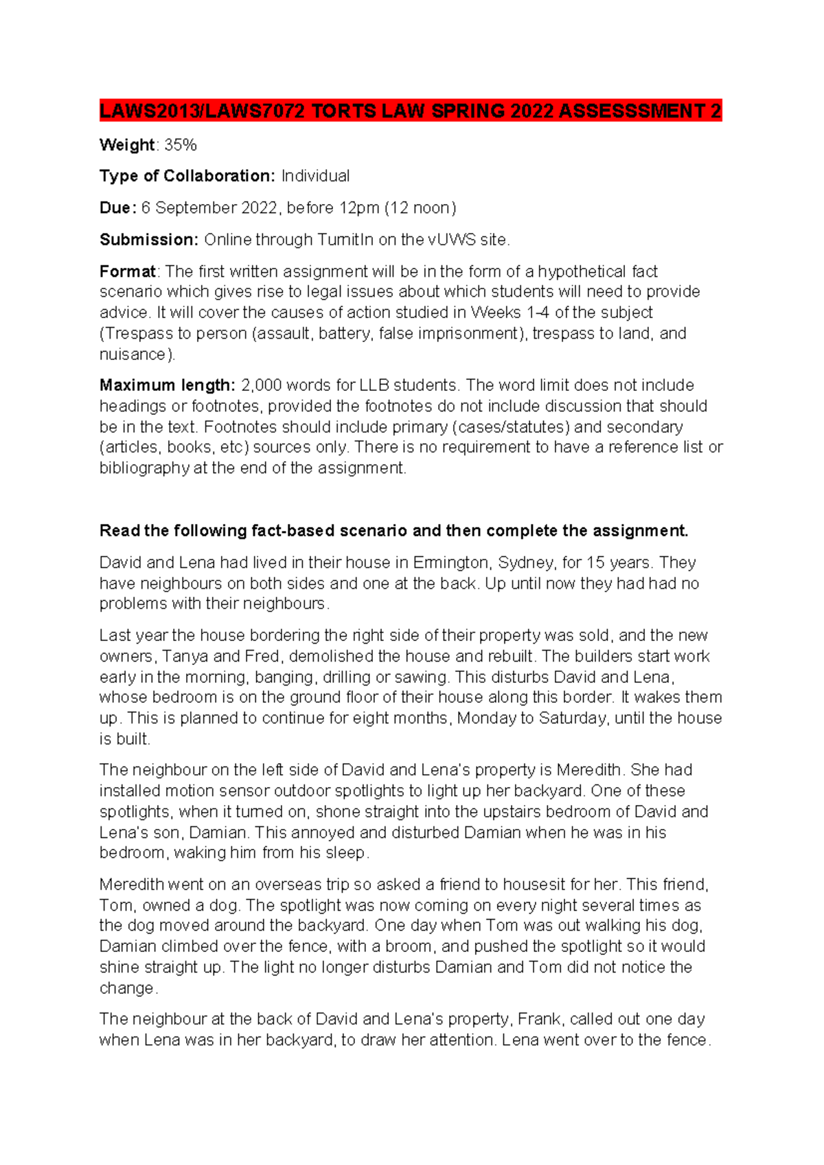 LAWS2013/LAWS7072 Torts Law Spring 2022 Assessment 2 Guidelines - Studocu