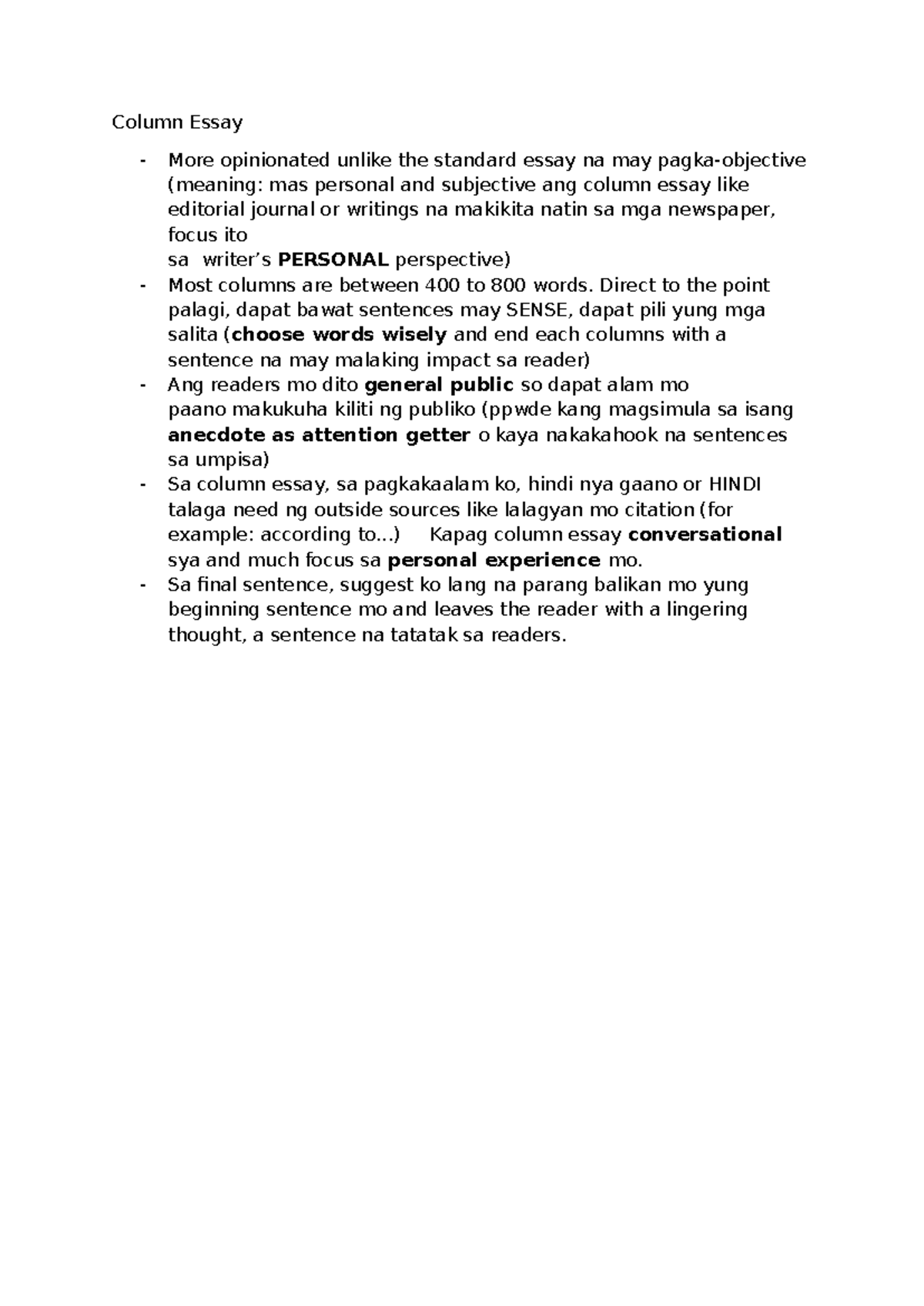 Column Essay Guide: Crafting Personal Perspectives - Studocu