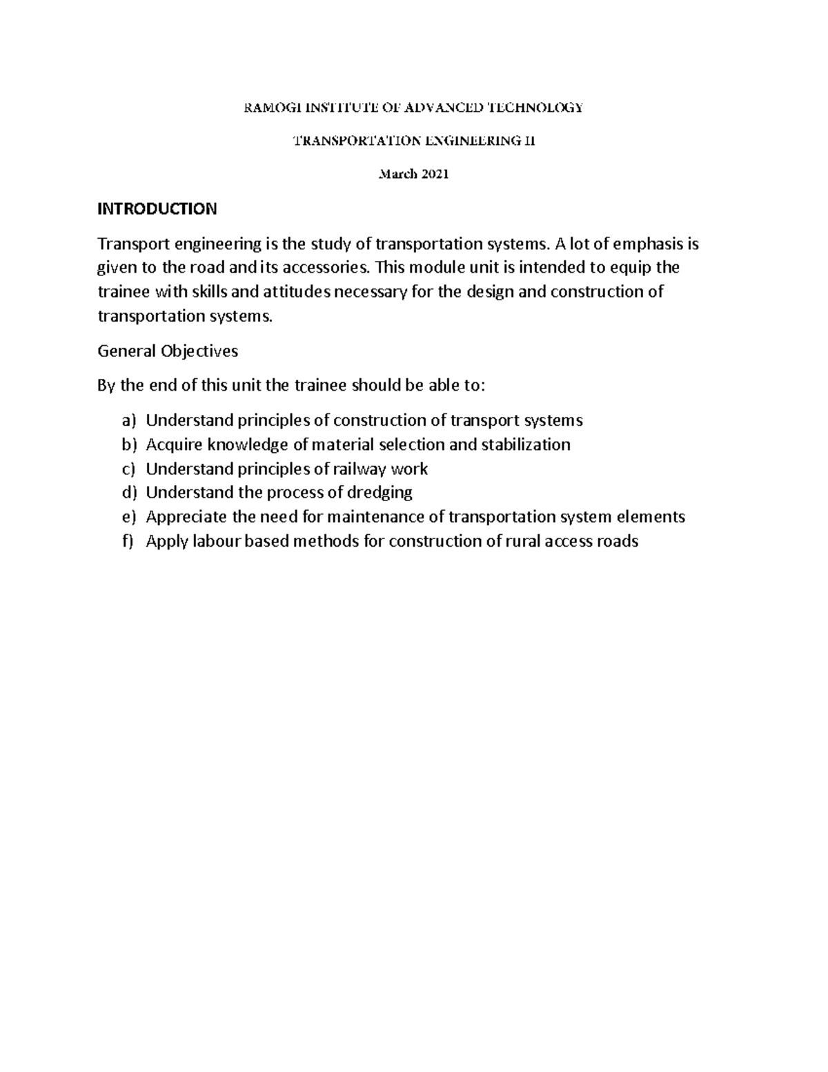 Transportation Engineering II LS1: Design & Construction Principles ...