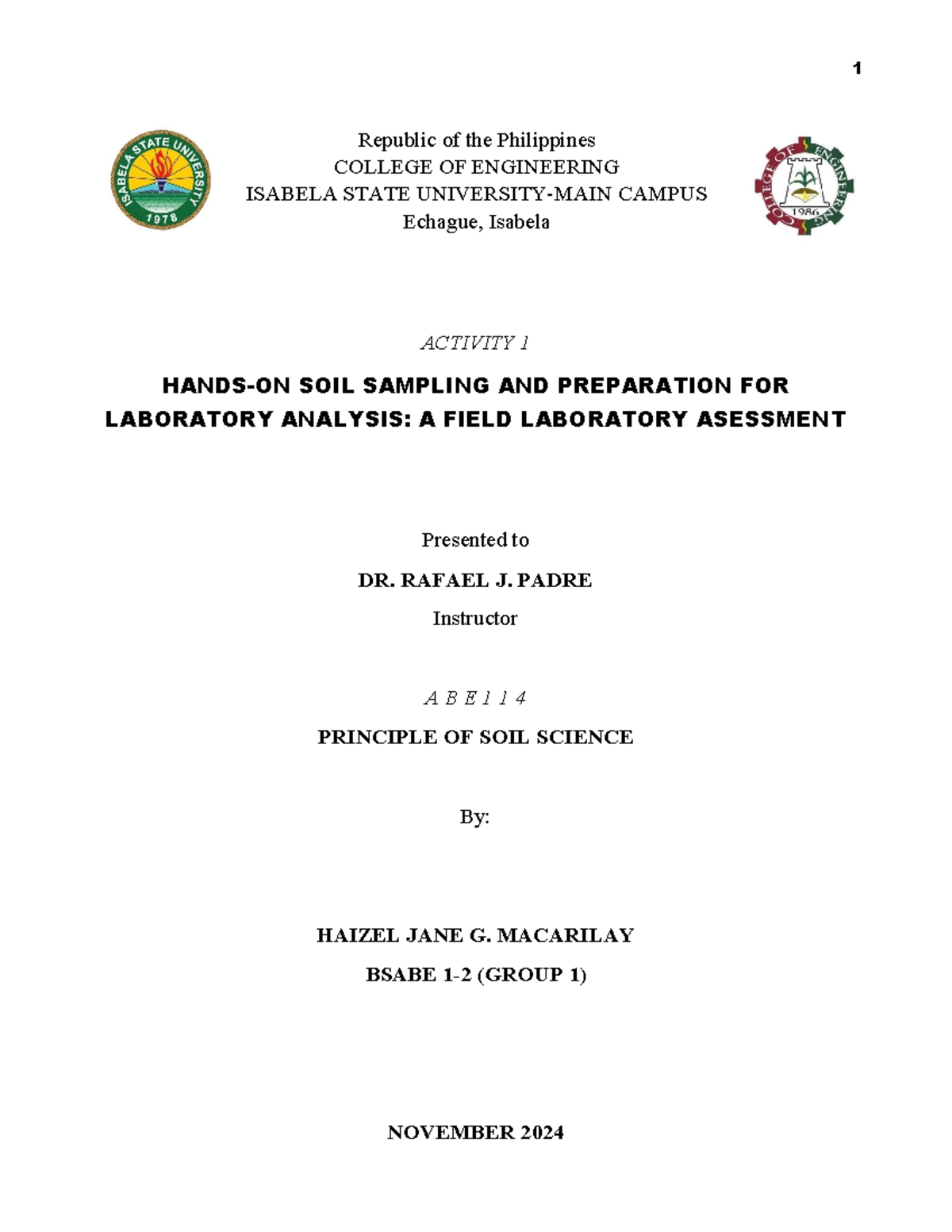 Activity 1: Hands-on Soil Sampling & Prep for LAB Analysis (ABE 114 ...