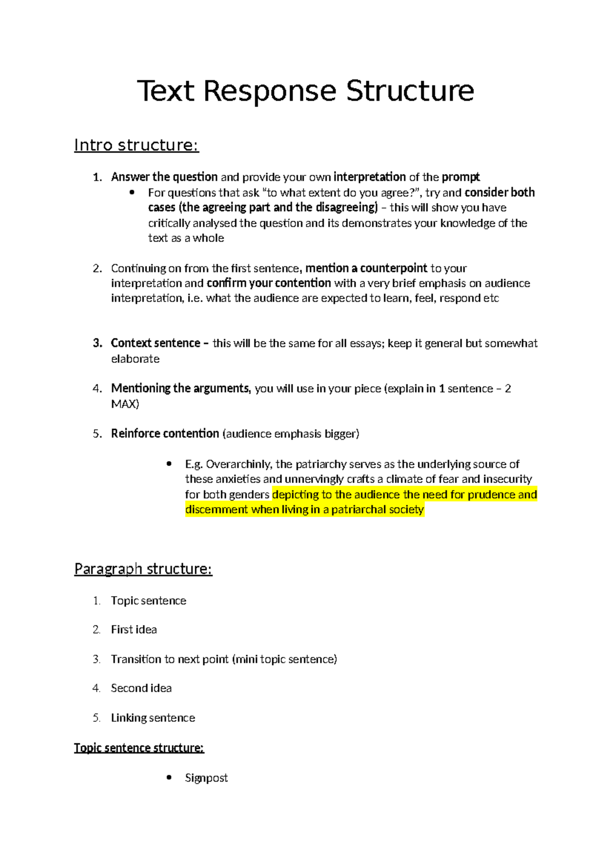 Text Response Structure - Text Response Structure Intro structure: 1 ...