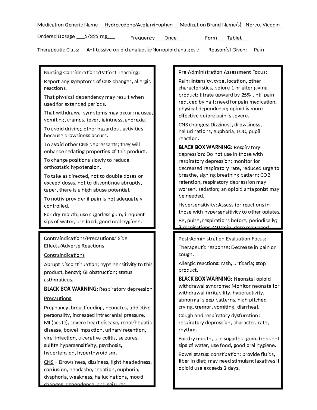 Nursing Considerations for Hydrocodone-Acetaminophen (5/325 mg) - Studocu