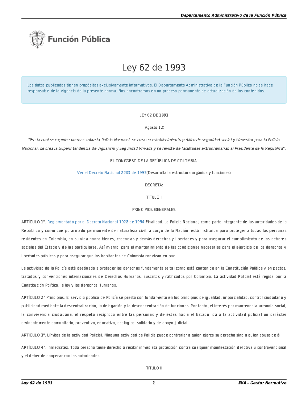 Ley 62 de 1993: Normativa sobre la Policía Nacional y su Estructura ...
