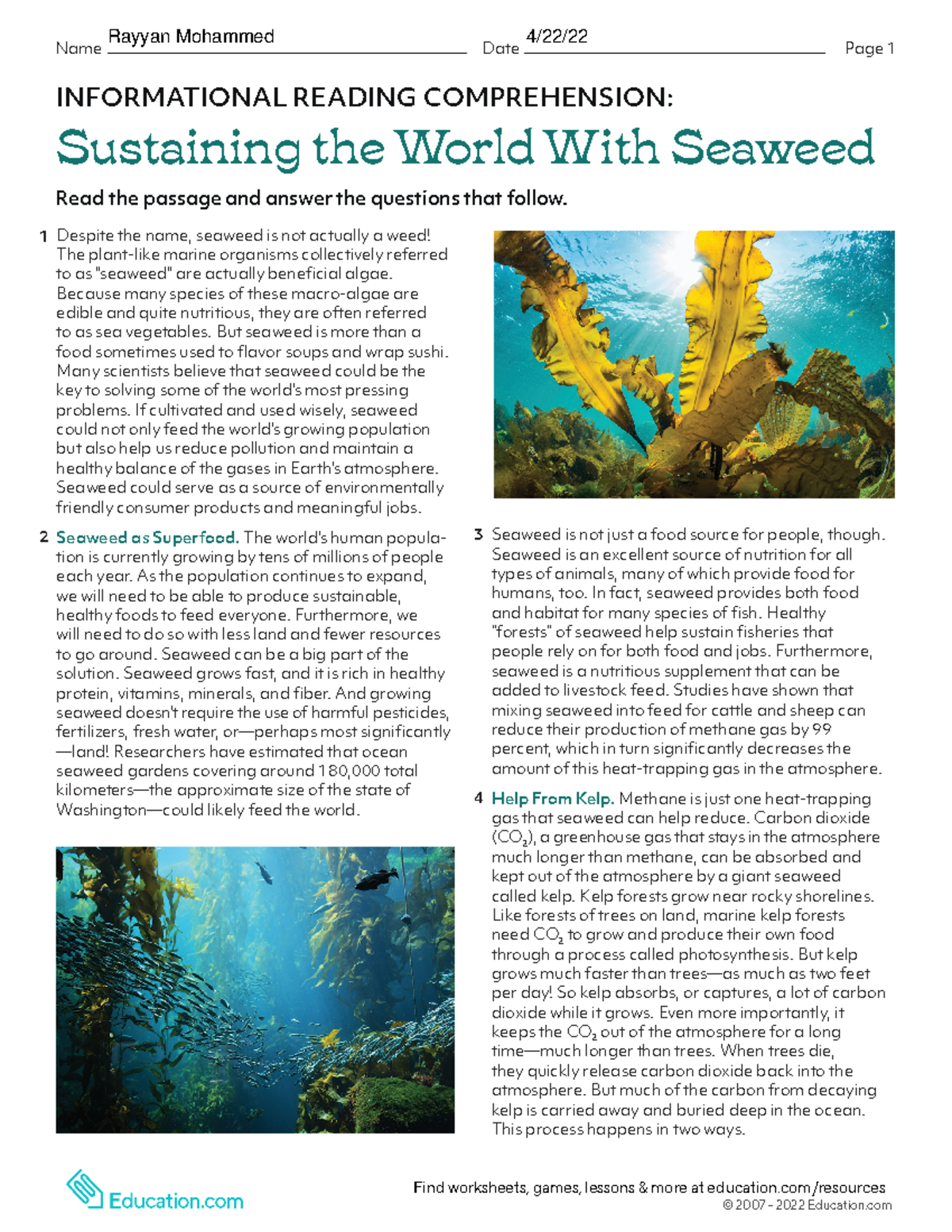 Sustaining the world with seaweed - INFORMATIONAL READING COMPREHENSION ...