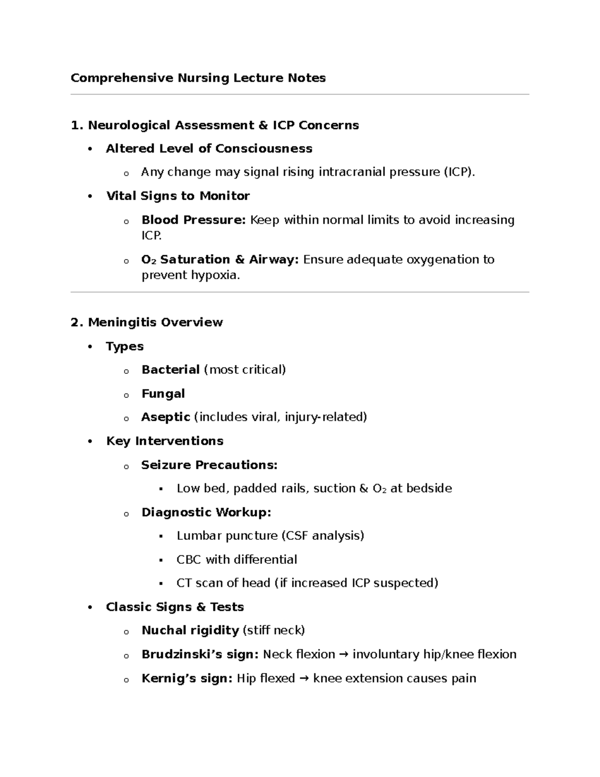 NUR 101 Exam 1 - Comprehensive Nursing Lecture Notes on Neurological ...
