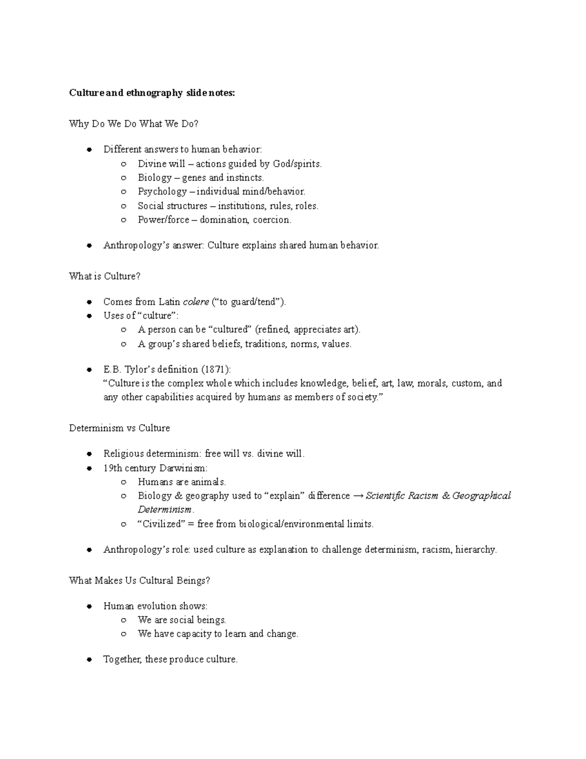 Anthro 101: Lecture 2 Notes on Culture and Ethnography - Studocu