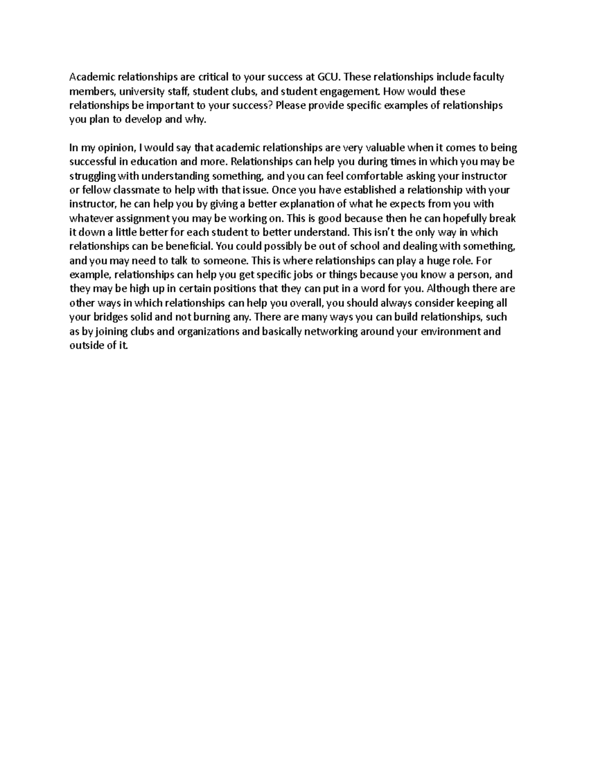 UNV-103: The Importance of Academic Relationships for Success - Studocu