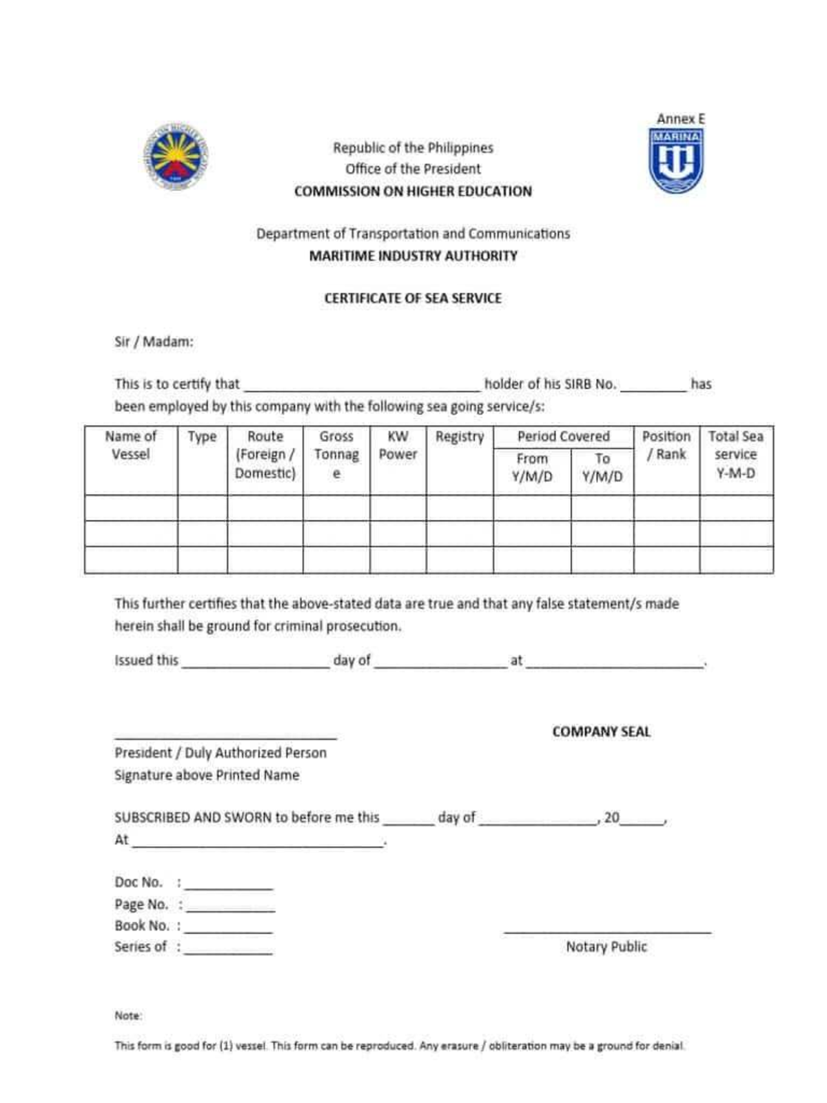 Annex E: Certificate of Sea Service - MARINA Philippines - Studocu