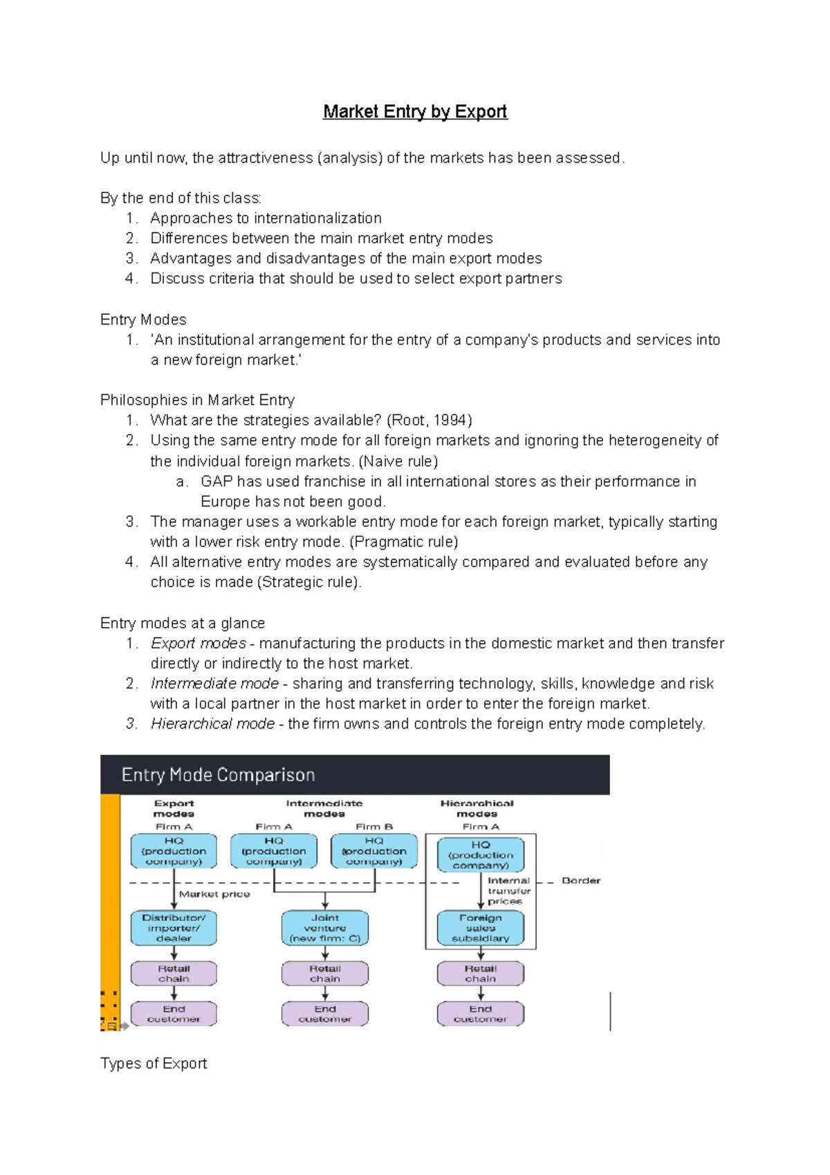 Market Entry by Export - Lecture Notes 11 Overview and Insights - Studocu