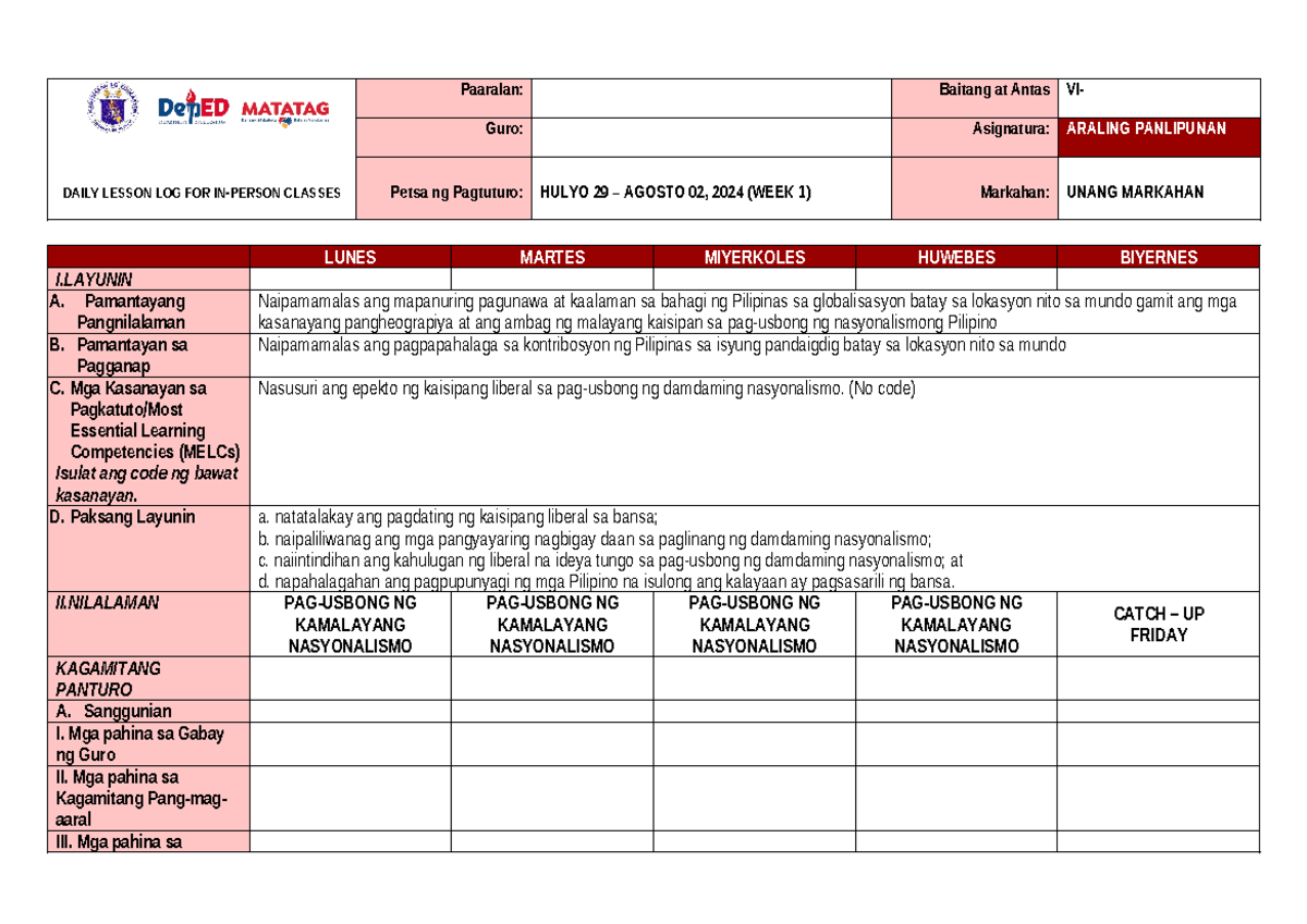 G6 Q1W1 DLL AP (MELCs) - lesson plan in ap - DAILY LESSON LOG FOR IN ...