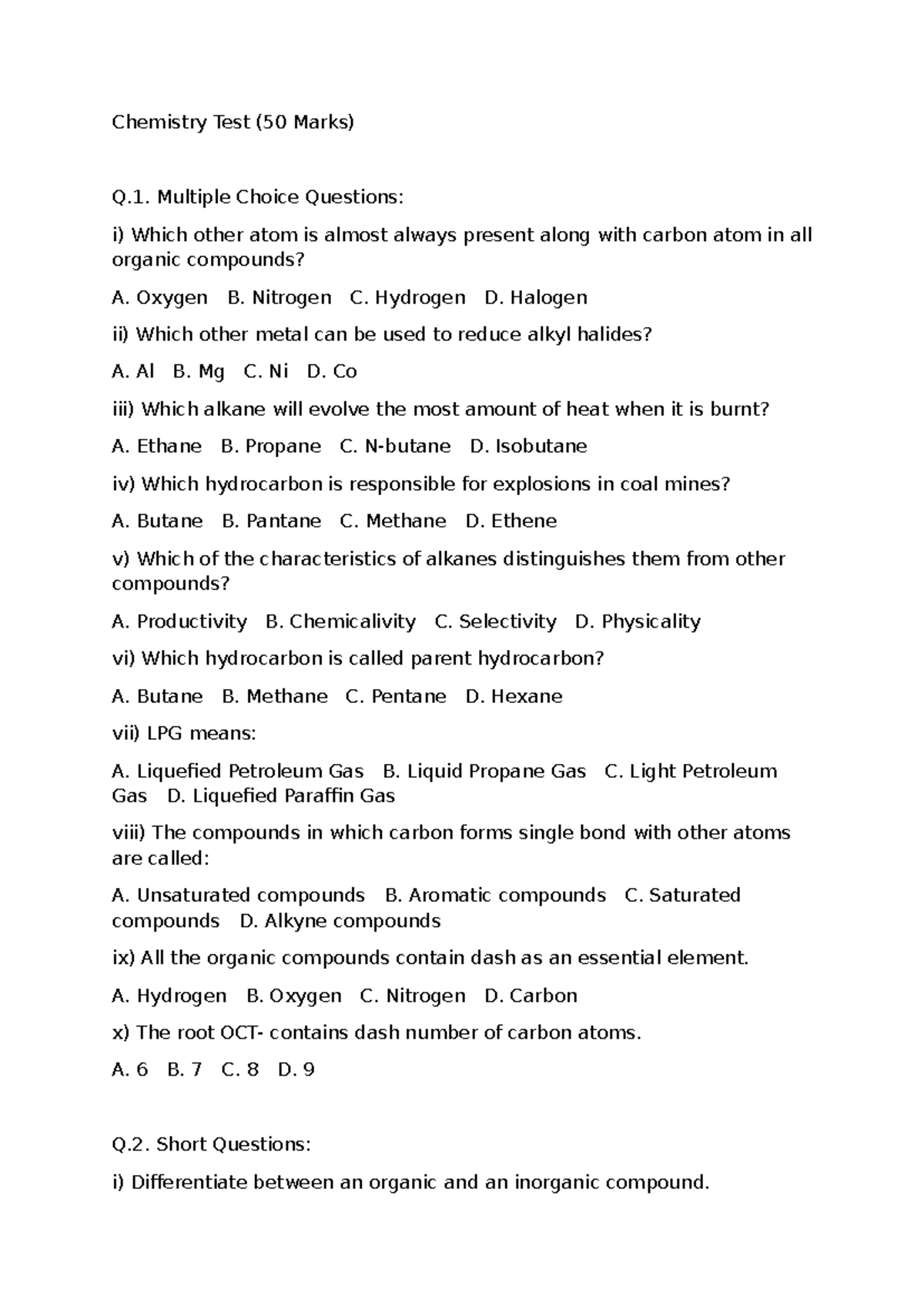 Chemistry Test (50 Marks) - Organic Compounds & Reactions - Studocu