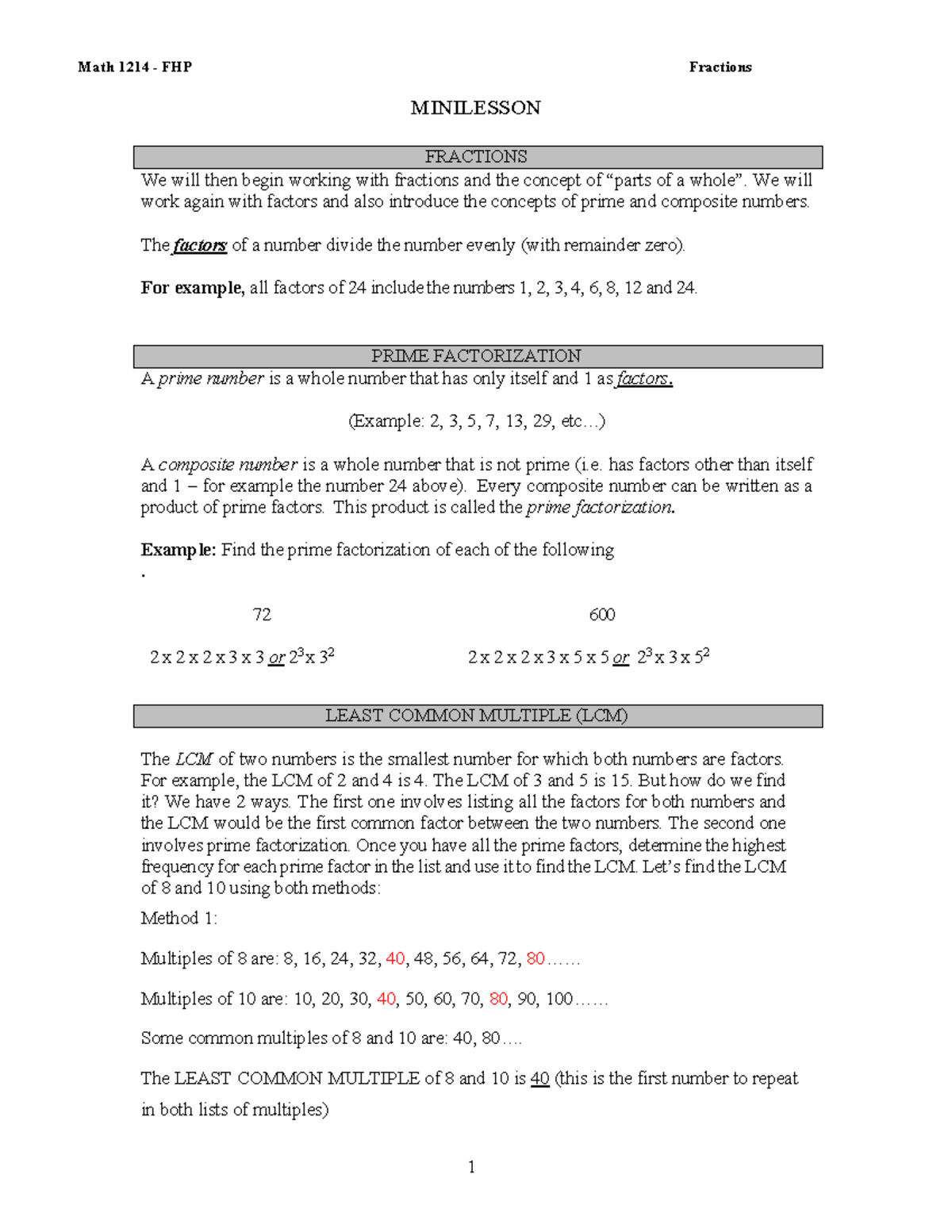Math 1214 FHP Fractions Minilesson: Understanding Key Concepts - Studocu