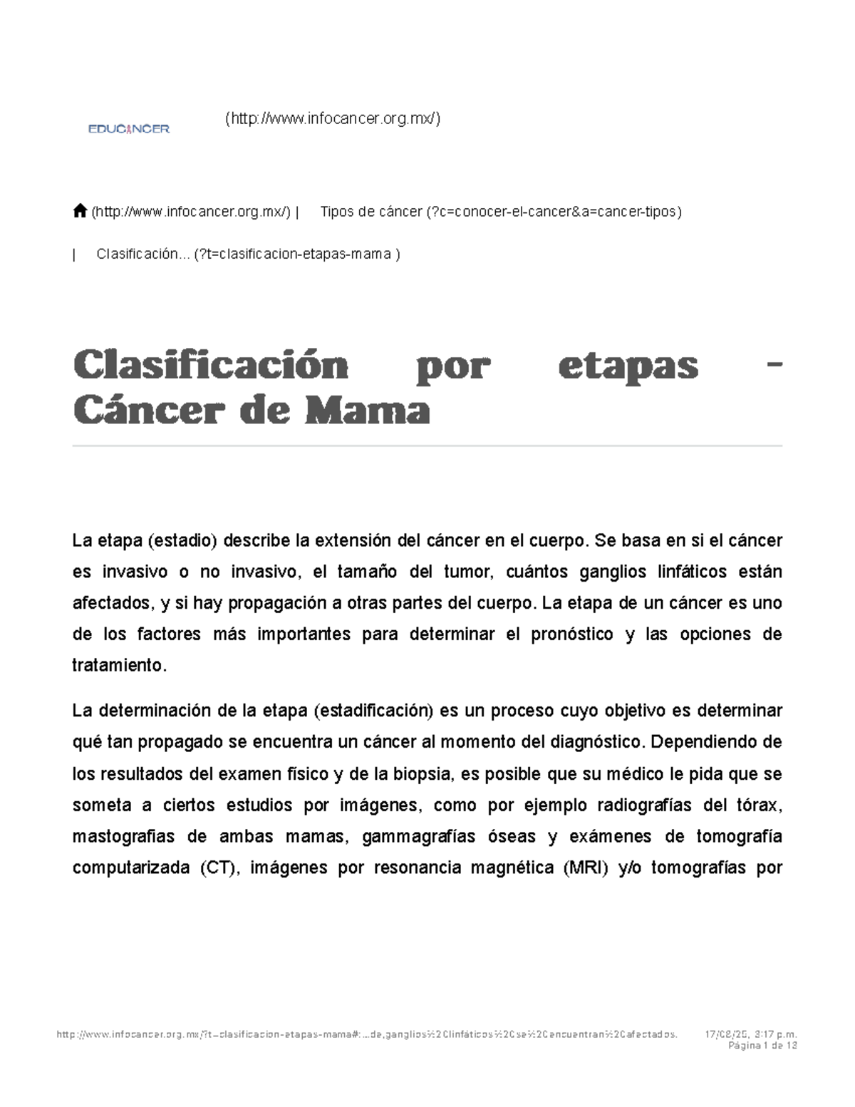 Clasificación del Cáncer de Mama: Etapas y Sistema TNM - Studocu