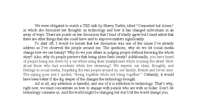 Connected BUT Alone - Reflection on TED Talk by Sherry Turkle - Studocu
