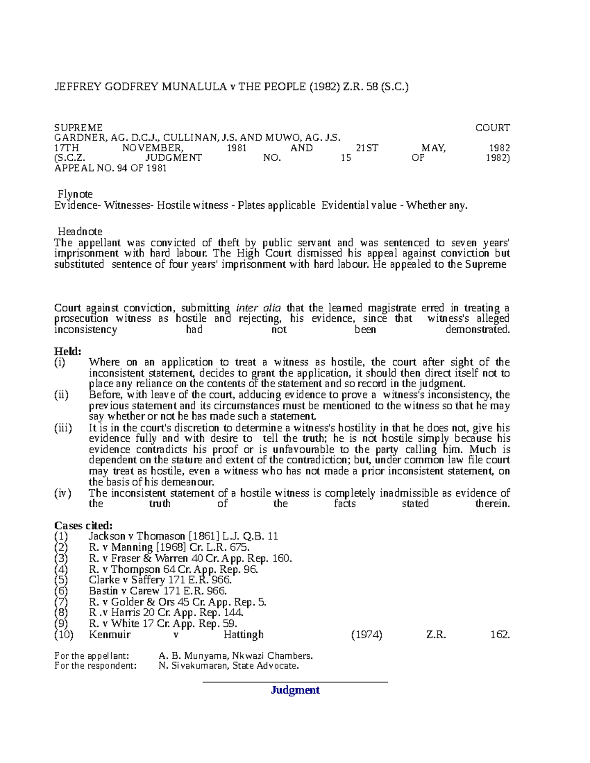 Munalula v People (SCZ Judgment 15 of 1982) - Hostile Witness Appeal ...