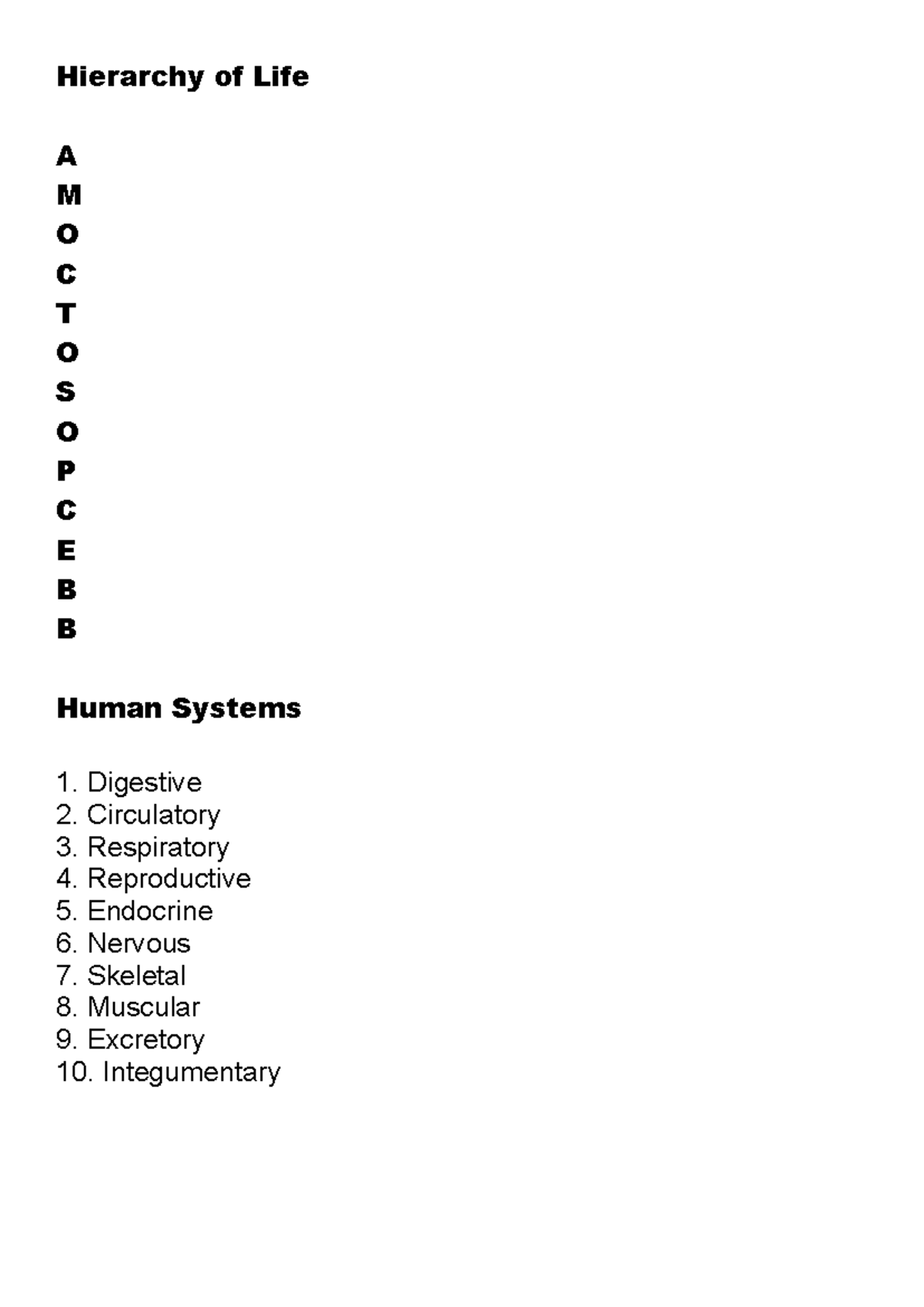 Comprehensive Notes on Human Systems and Biological Hierarchy - Studocu