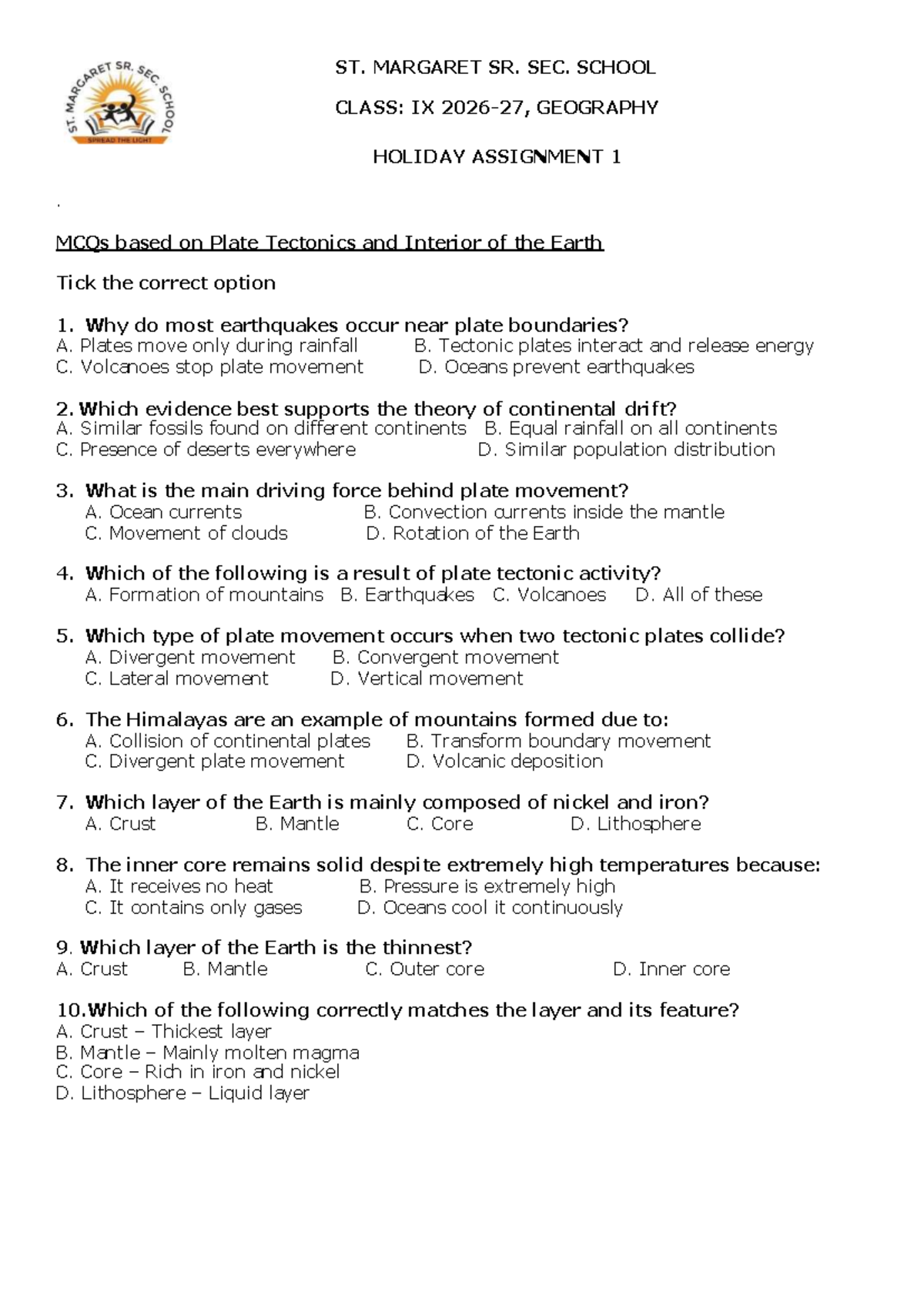 IX Geography Holiday Assignment 1: MCQs on Plate Tectonics - Studocu