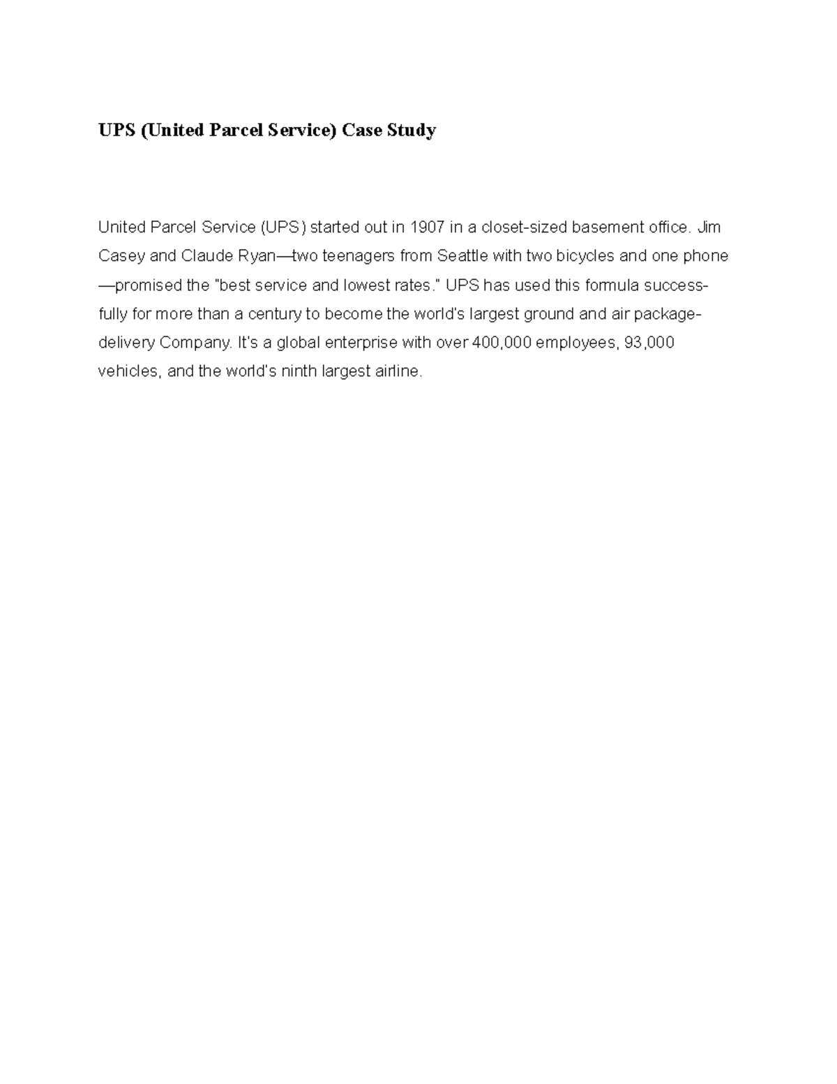 UPS case text case sydy - UPS (United Parcel Service) Case Study United ...
